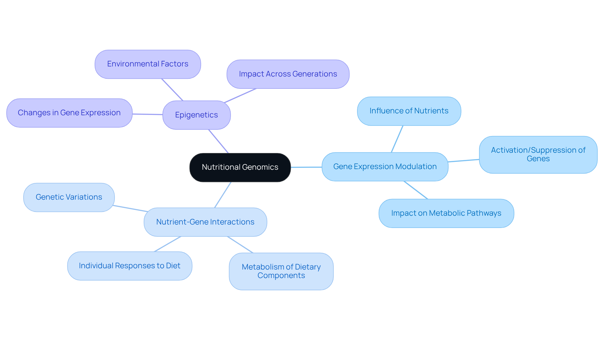 Start at the center with 'Nutritional Genomics', then follow the branches to explore each principle and its significance in understanding how nutrition affects our genes.