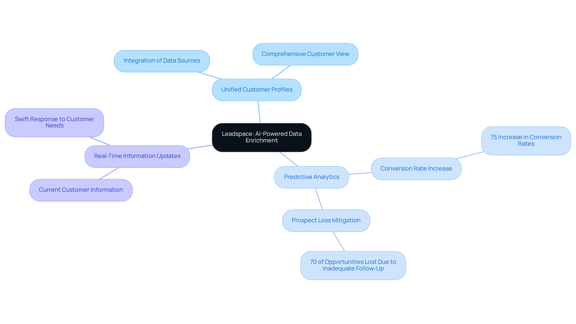 The central node represents Leadspace, while the branches show its key features. Each feature highlights how it contributes to better customer insights and marketing strategies.