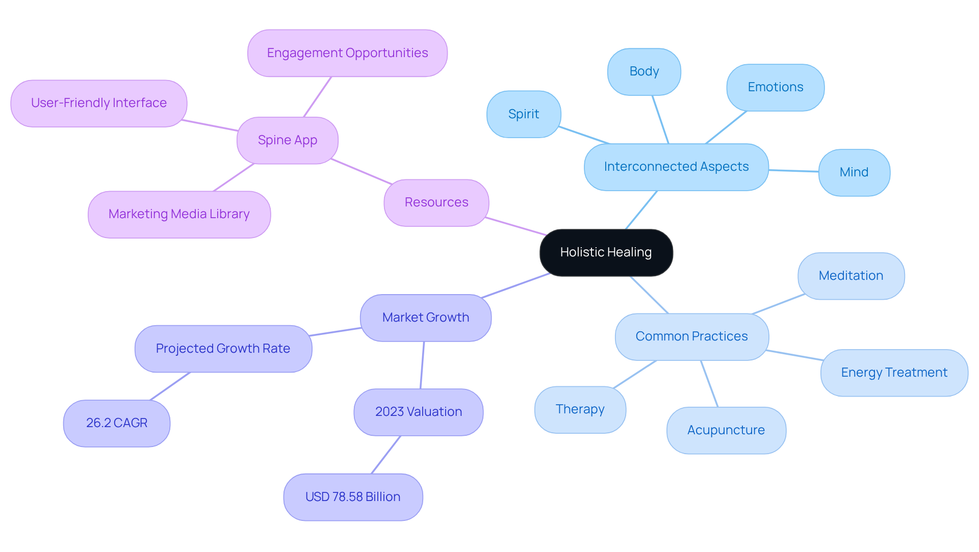 The central node represents holistic healing, with branches showing different aspects like practices and market trends. Each color-coded branch helps you see how everything connects to the main idea.