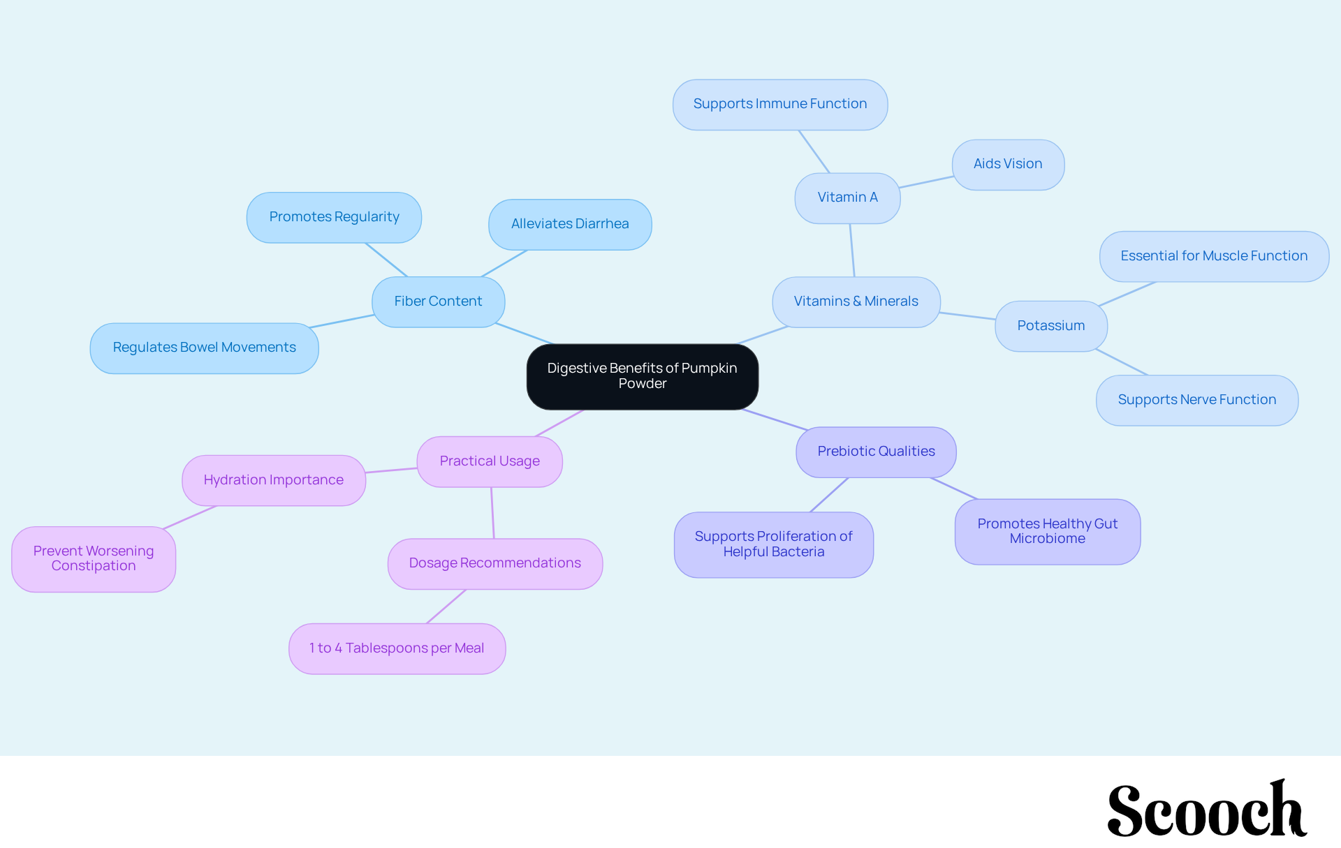 The center represents the main topic, and each branch shows a different aspect of how pumpkin powder helps your dog's digestion. Sub-branches give more details about each aspect, making it easy to see how everything connects. The center represents the main topic, and each branch shows a different aspect of how pumpkin powder helps your dog's digestion. Sub-branches give more details about each aspect, making it easy to see how everything connects.