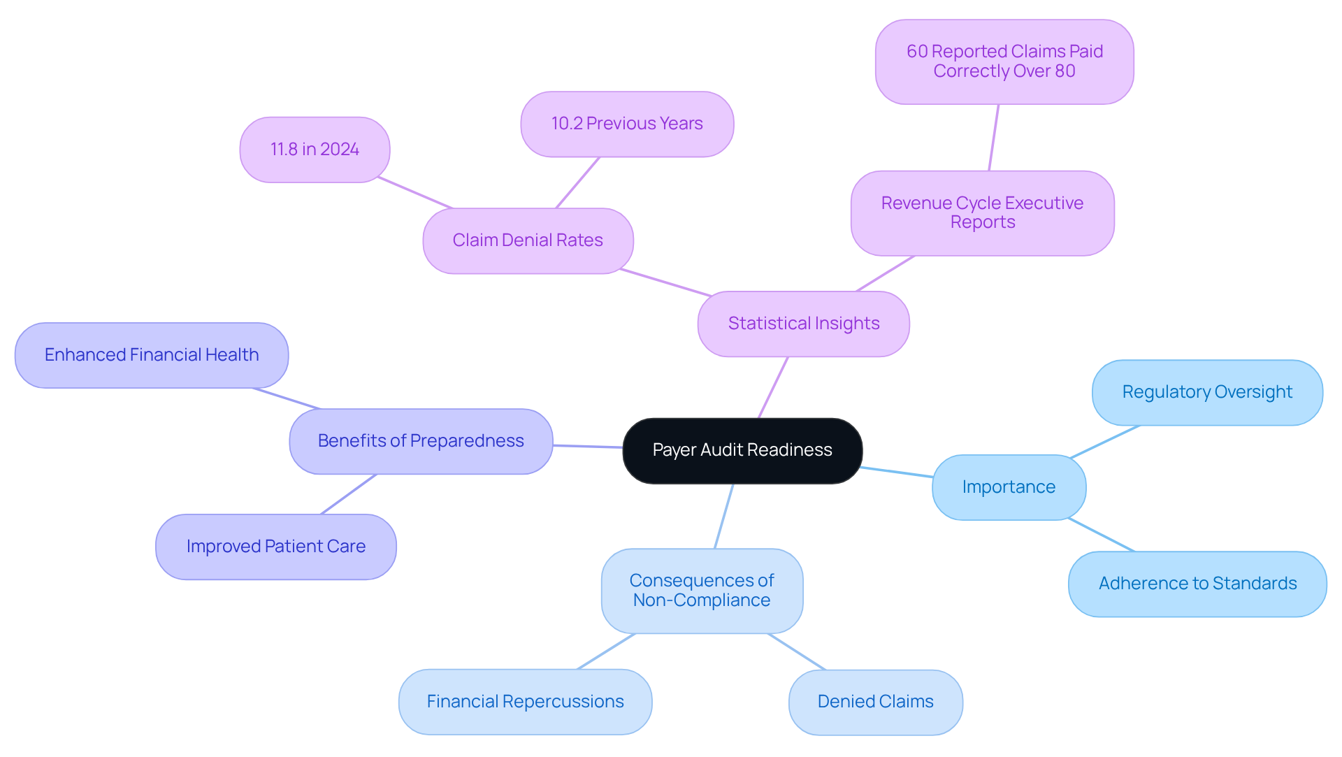 This mindmap shows how payer audit readiness affects various aspects of healthcare organizations. Each branch represents a different area of focus, helping you see the connections between compliance, financial stability, and quality of care.