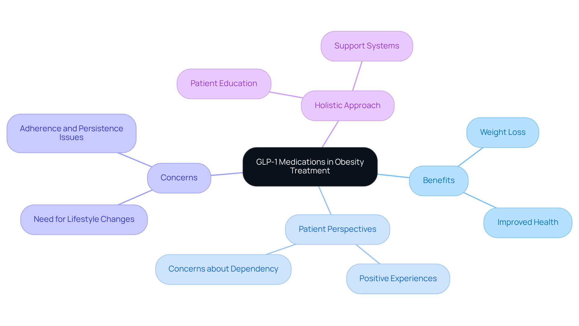 The center shows the main topic of GLP-1 medications, with branches detailing benefits, patient viewpoints, concerns, and the broader approach to treatment. Each section helps you understand different aspects of the topic.