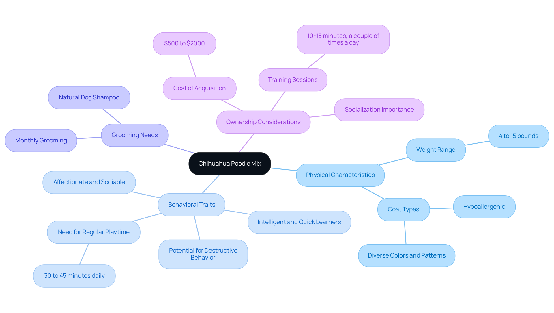 The central node represents the Chi-Poo, and the branches detail various aspects such as their traits and care needs. Each color-coded area helps you quickly find information about this charming hybrid breed. The central node represents the Chi-Poo, and the branches detail various aspects such as their traits and care needs. Each color-coded area helps you quickly find information about this charming hybrid breed.