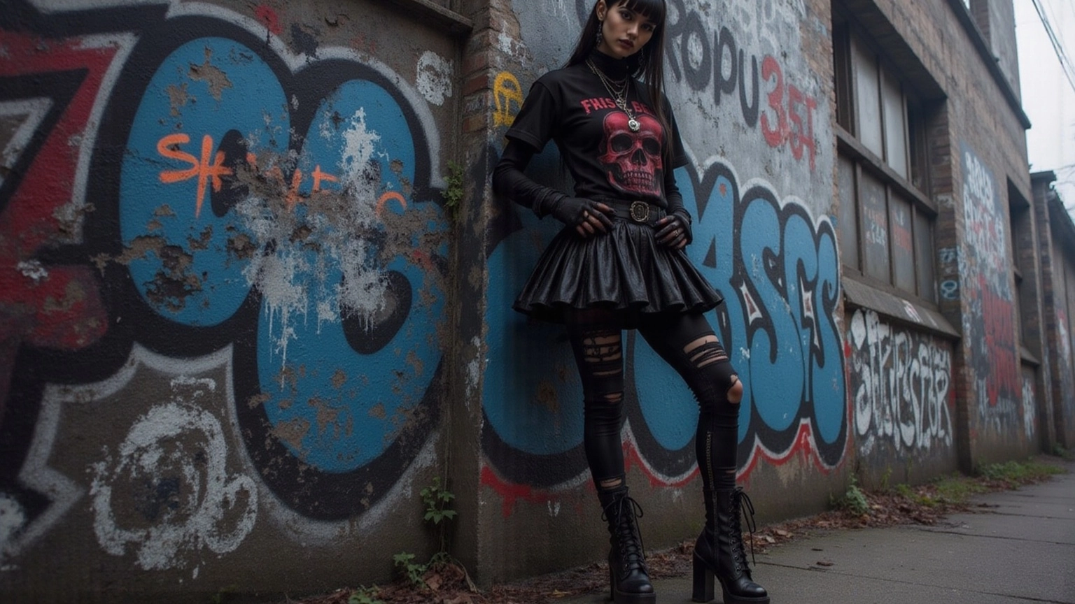 Edgy Goth Fashion with Ripped Tights
