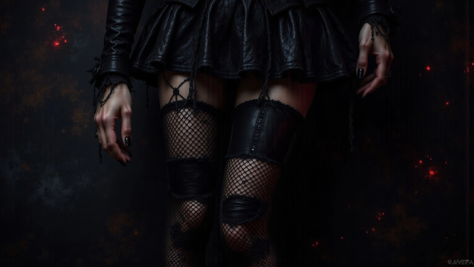 Edgy Gothic Fashion with Ripped Fishnet Tights