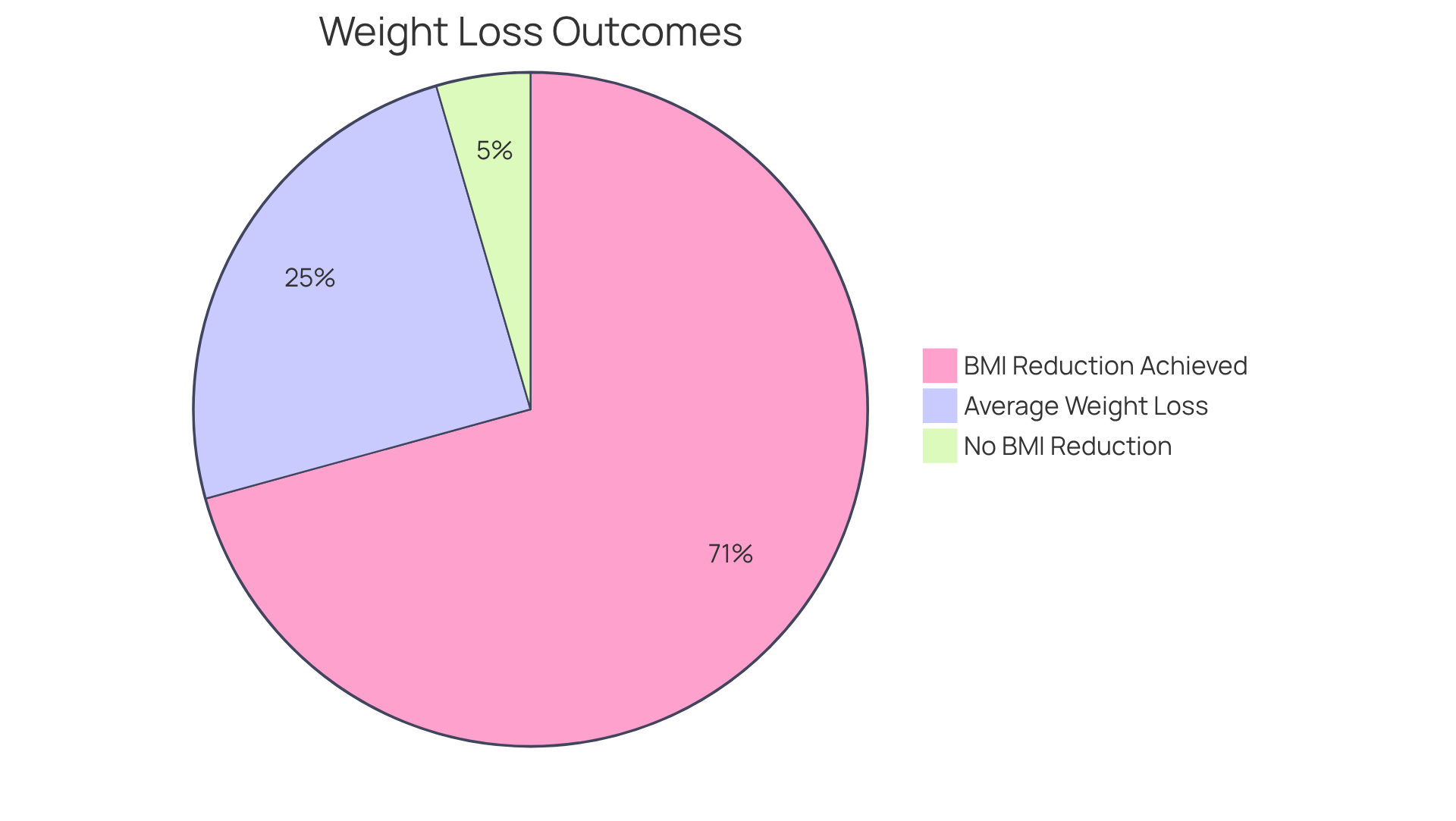 This chart shows how many participants achieved significant weight loss and BMI reduction. The green slice represents those who successfully reduced their BMI by 5% or more, while the red slice shows those who did not. The blue slice indicates the average weight loss across all participants, giving you a clear picture of the program's effectiveness. This chart shows how many participants achieved significant weight loss and BMI reduction. The green slice represents those who successfully reduced their BMI by 5% or more, while the red slice shows those who did not. The blue slice indicates the average weight loss across all participants, giving you a clear picture of the program's effectiveness.