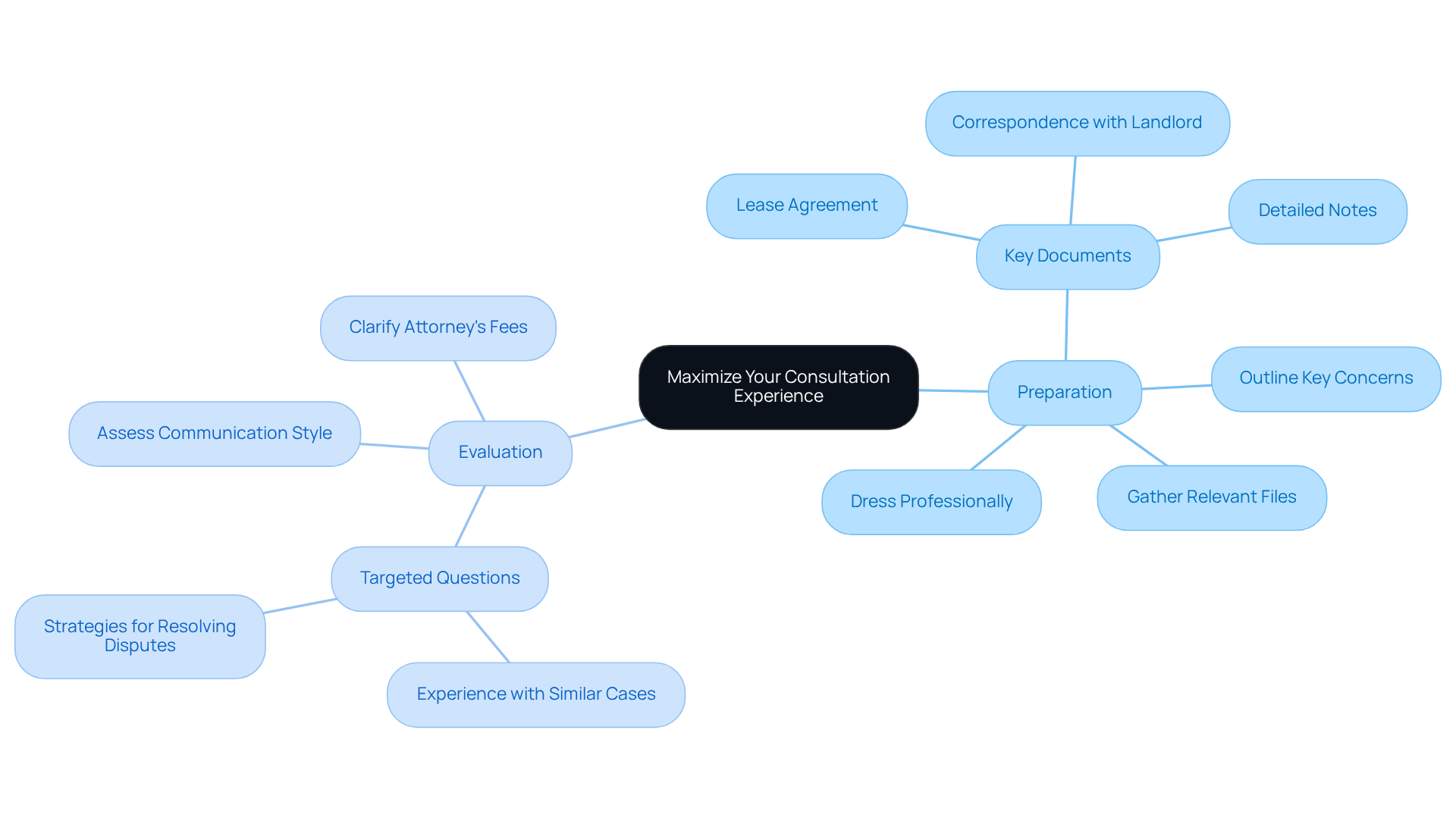 The center shows the main goal of maximizing your consultation. Follow the branches to see what documents to prepare and what questions to ask to evaluate the attorney's fit for your needs.