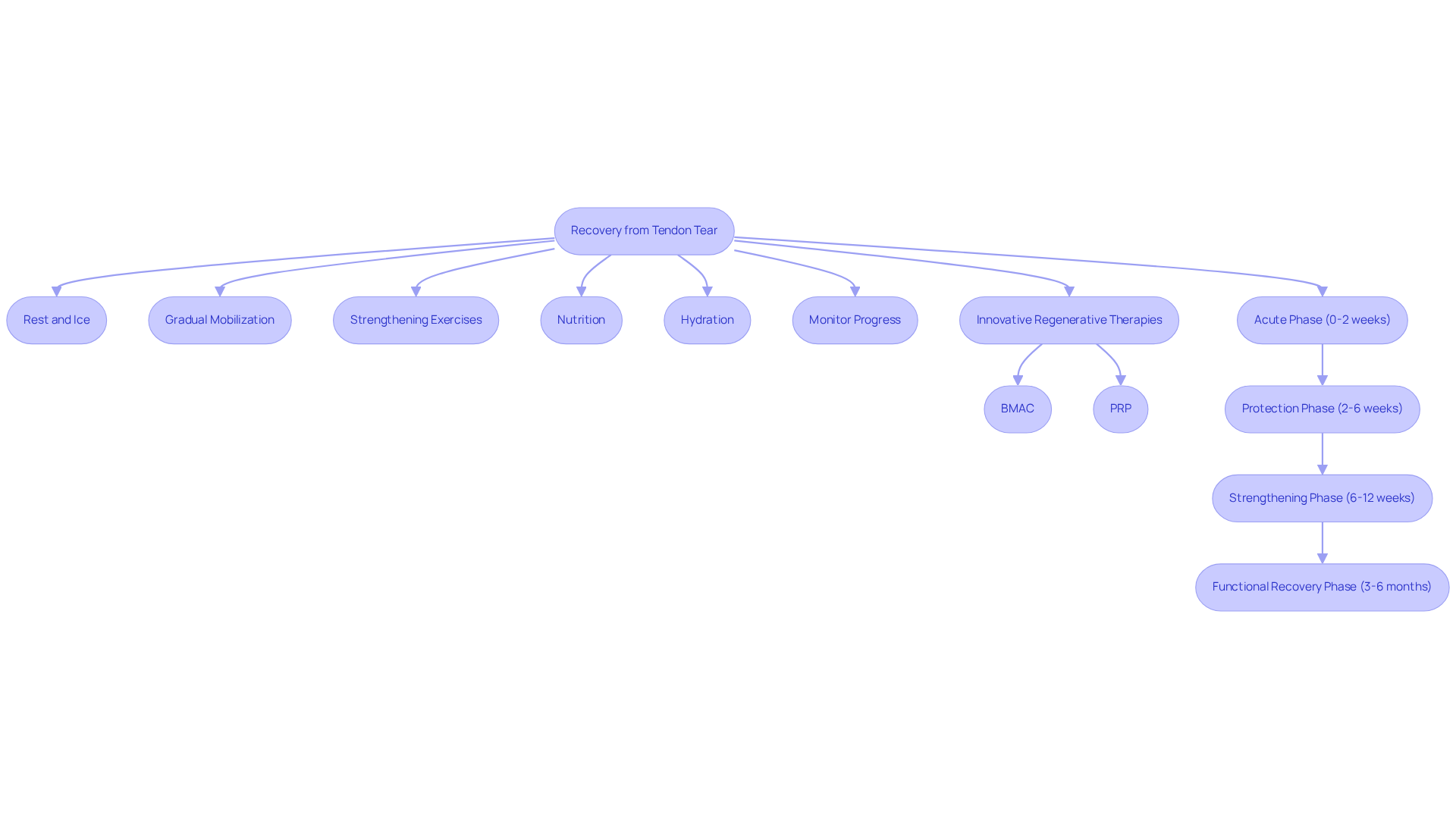 This flowchart guides you through the recovery process from a tendon tear. Each box represents a key strategy or phase in your rehabilitation journey. Follow the arrows to see how each step connects and builds on the previous one, leading to a comprehensive recovery plan. This flowchart guides you through the recovery process from a tendon tear. Each box represents a key strategy or phase in your rehabilitation journey. Follow the arrows to see how each step connects and builds on the previous one, leading to a comprehensive recovery plan.