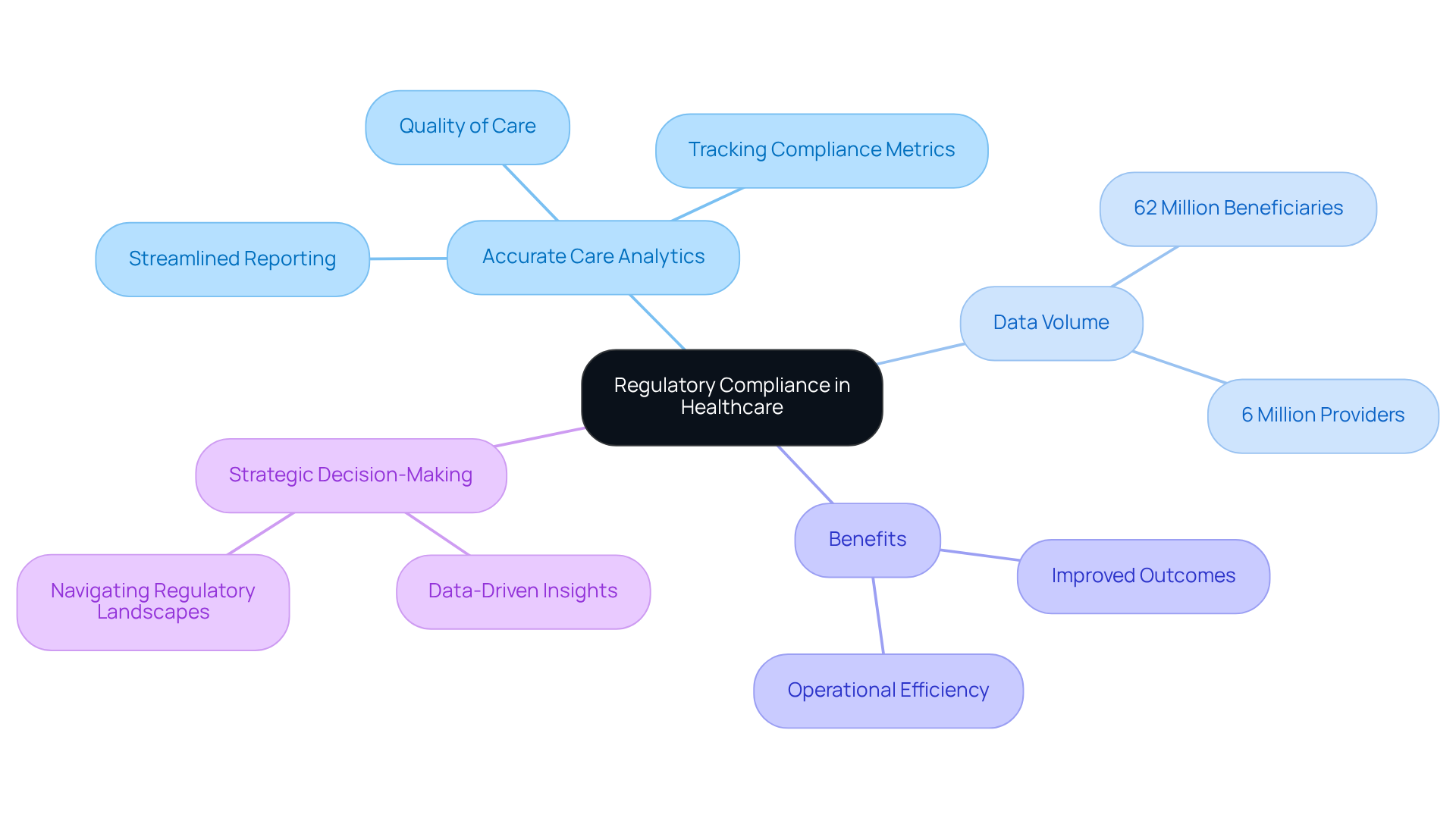 The central node represents the main focus on regulatory compliance, while the branches show how accurate analytics, data volume, and strategic decision-making contribute to achieving this goal.