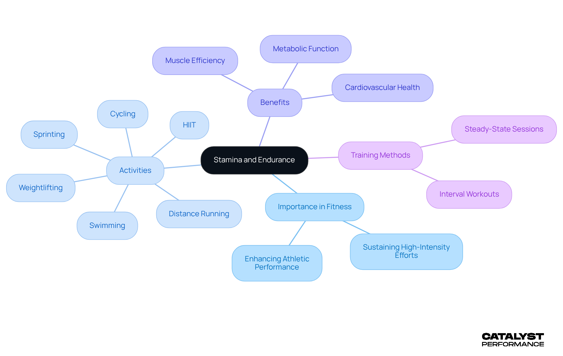 The central node represents the core concept of stamina and endurance. Each branch shows how these concepts apply to different activities, their benefits, and the training methods used to enhance them. Follow the branches to explore how they contribute to athletic performance. The central node represents the core concept of stamina and endurance. Each branch shows how these concepts apply to different activities, their benefits, and the training methods used to enhance them. Follow the branches to explore how they contribute to athletic performance.