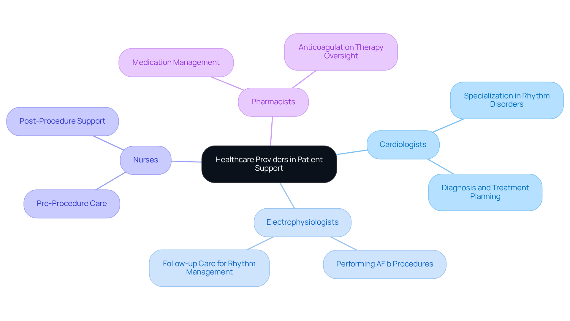 The central node represents the overall theme of healthcare support, while each branch highlights a specific provider's role. The sub-branches detail their contributions, illustrating how teamwork enhances patient care.