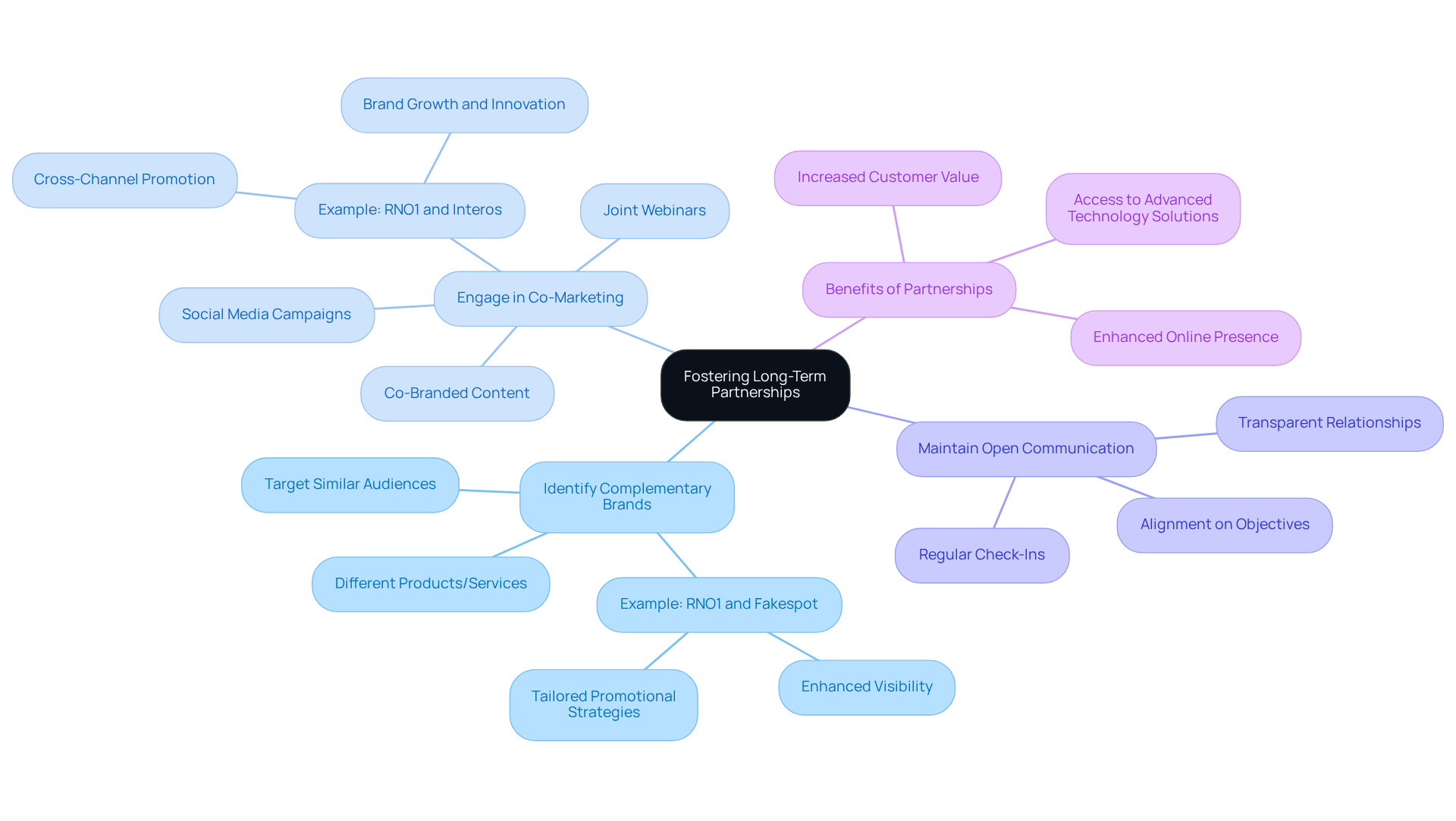 The center represents the main idea of partnerships, while the branches show different strategies and examples that startups can use to build strong collaborations.