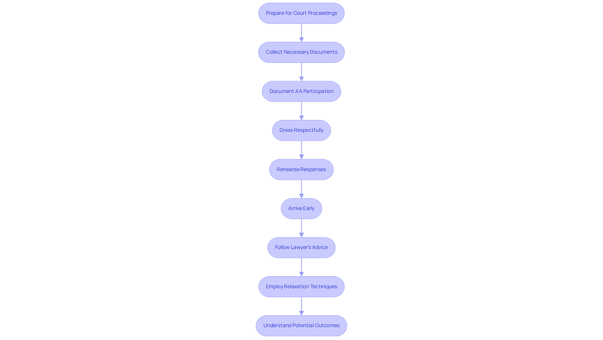 Each box represents a step you should take to prepare for your court appearance. Follow the arrows to see the order in which you should complete these steps for the best chance of a favorable outcome.