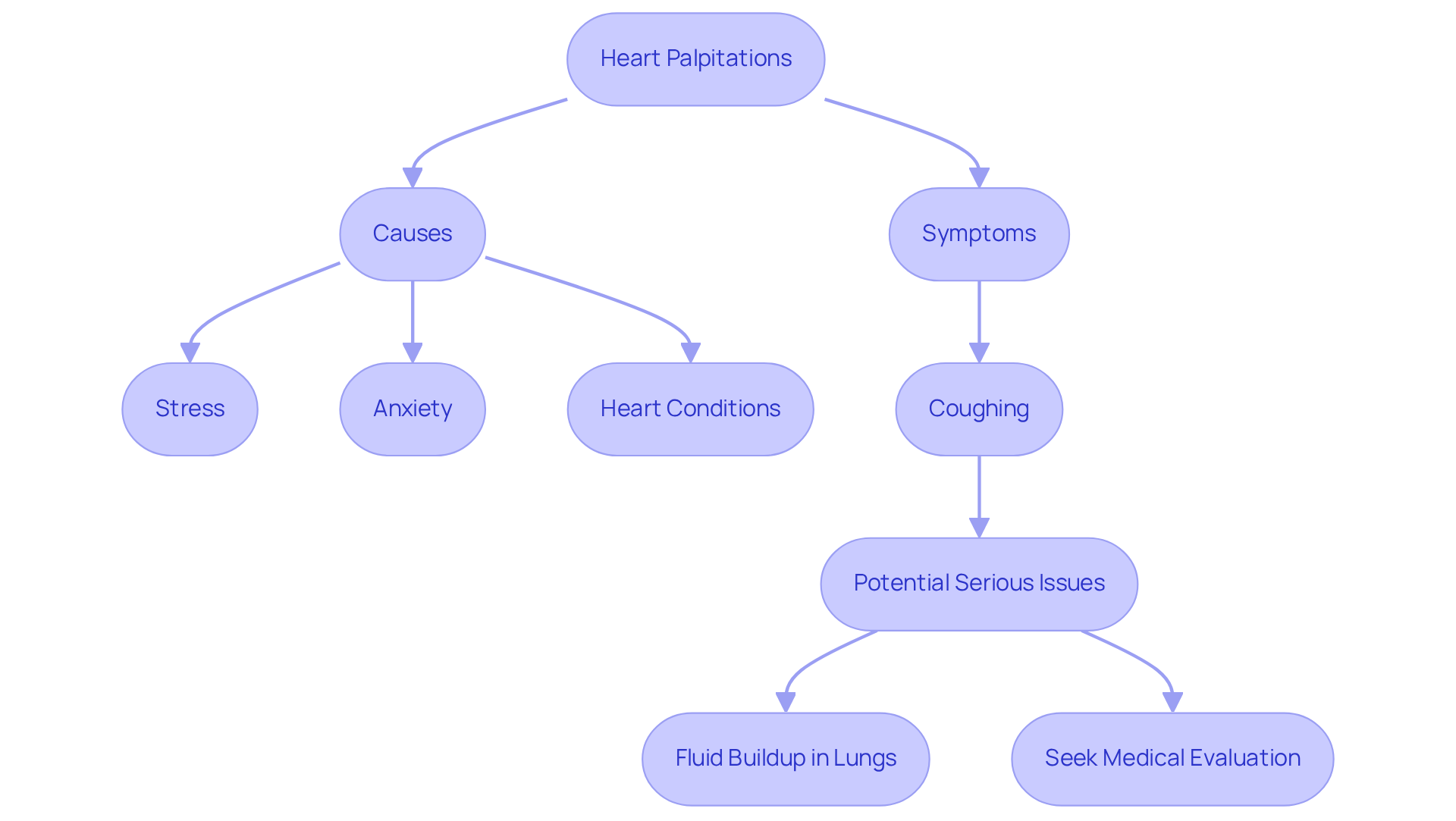 This flowchart shows how heart palpitations can lead to coughing and highlights the importance of seeking medical help. Each box represents a step in understanding the symptoms and their implications.