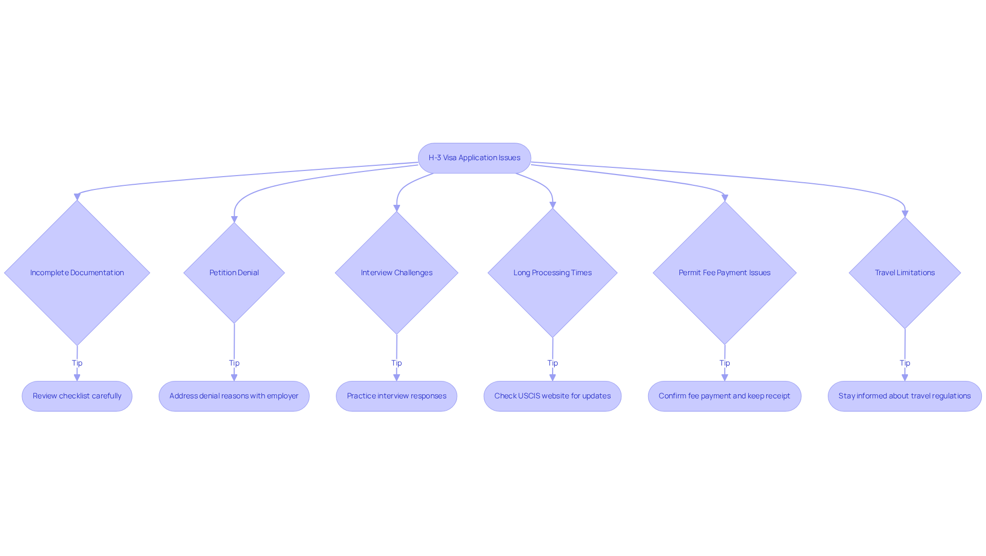 Each branch represents a challenge you might face during the H-3 visa process. Follow the arrows to see the suggested solutions for each issue — it's designed to help you navigate your application smoothly.