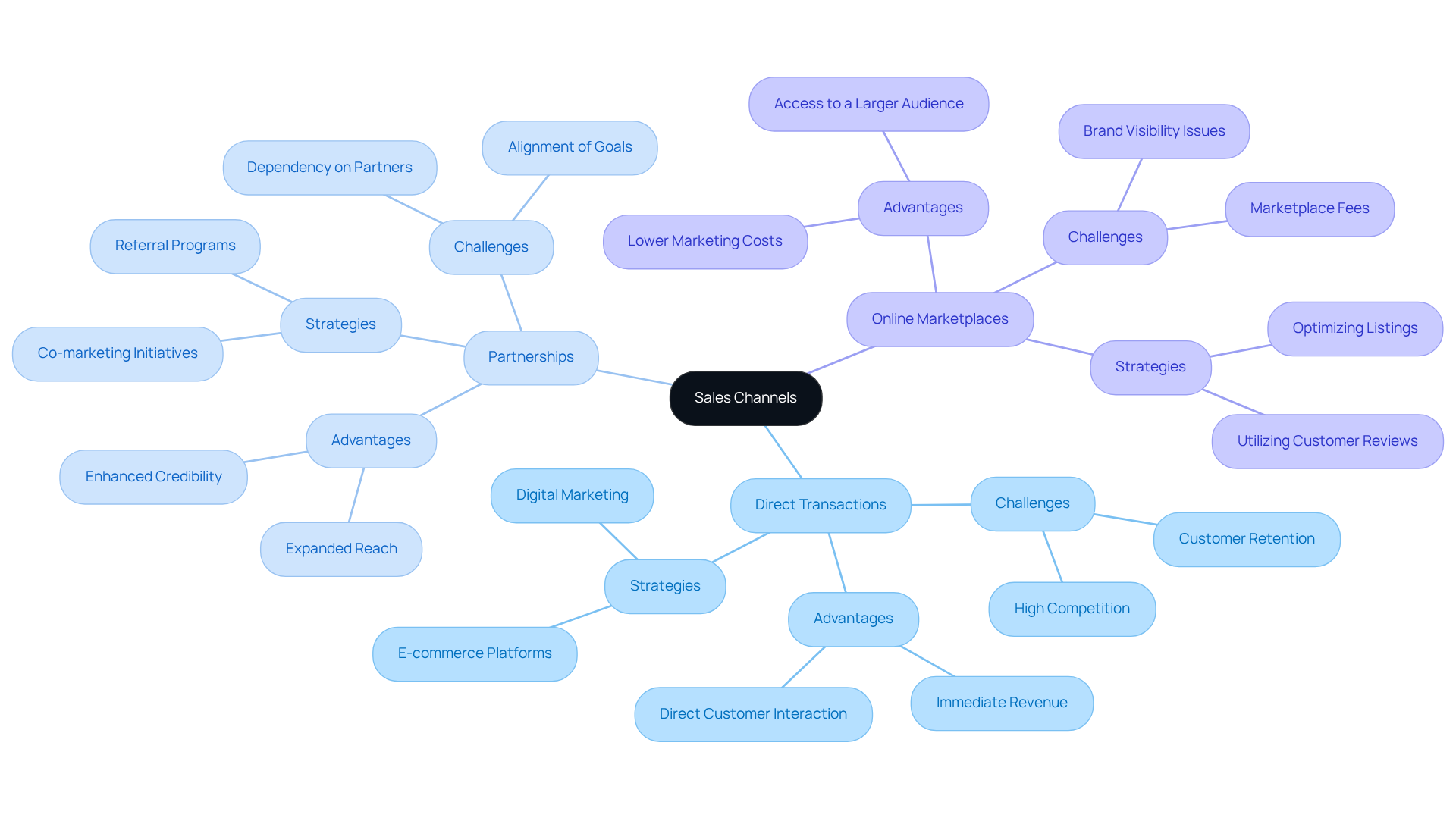 The central node represents the main topic of sales channels. Each branch shows a different channel, and the sub-branches highlight their advantages, challenges, and strategies to optimize them.
