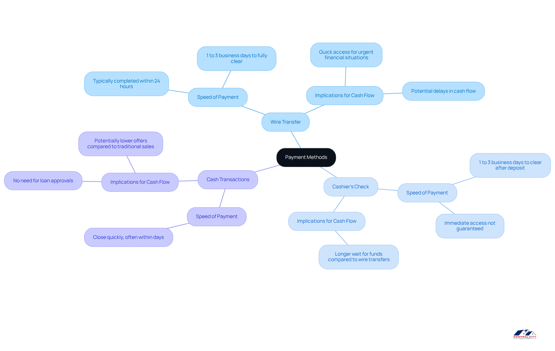 The central node shows the main topic of payment methods. Each branch represents a specific method, with smaller branches providing details on speed, challenges, and benefits. The colors help distinguish each payment method for easy understanding. The central node shows the main topic of payment methods. Each branch represents a specific method, with smaller branches providing details on speed, challenges, and benefits. The colors help distinguish each payment method for easy understanding.