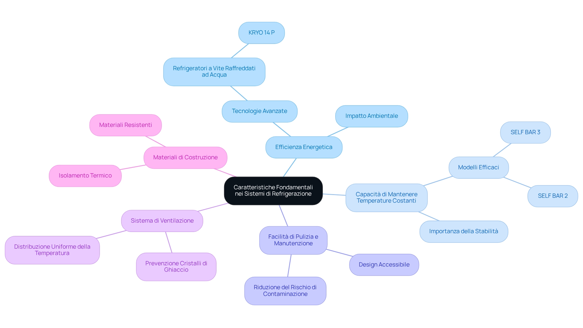 Ogni ramo rappresenta una caratteristica fondamentale, con i sotto-rami che forniscono dettagli specifici e esempi pertinenti.
