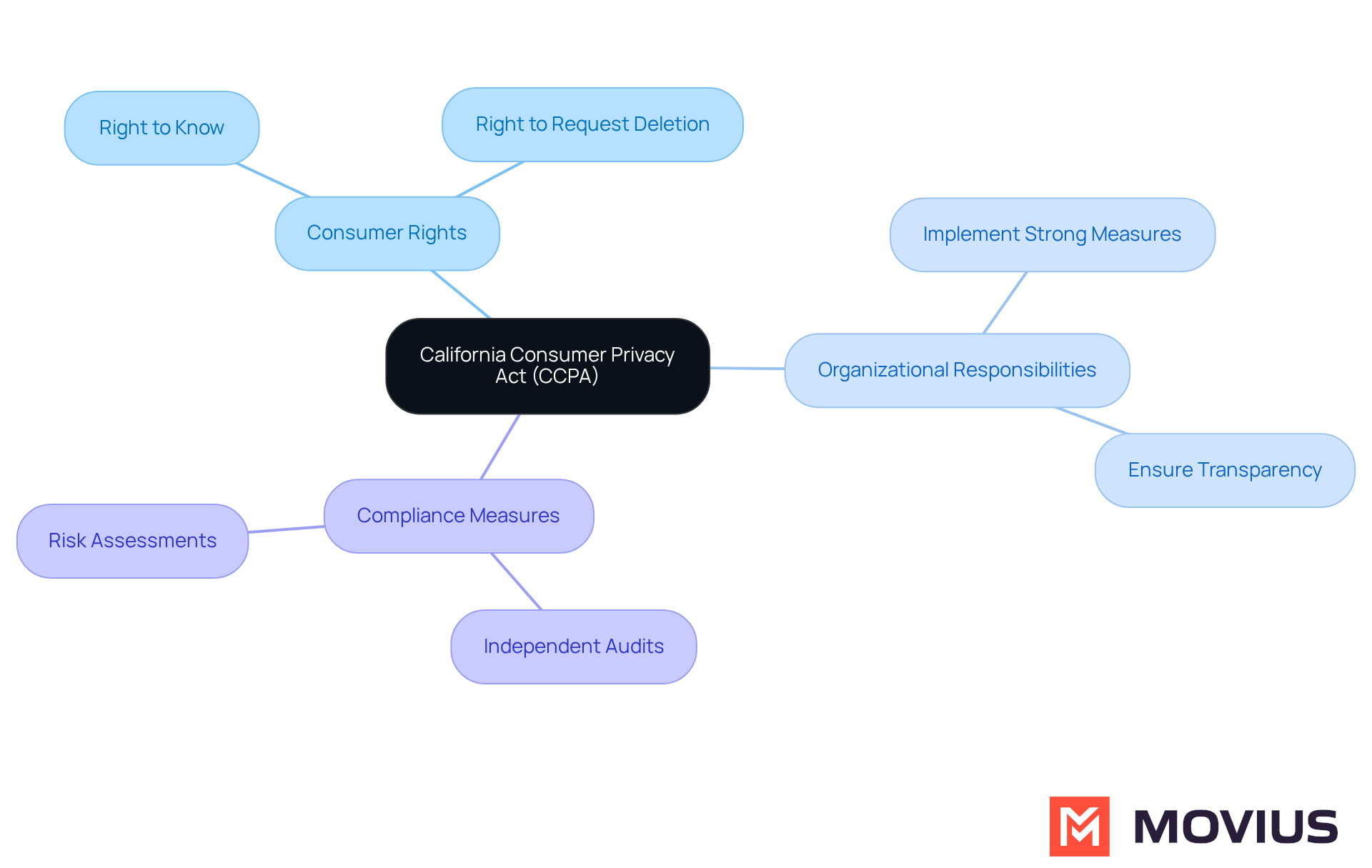 The central node represents the CCPA, with branches showing consumer rights and what organizations must do to comply. Each branch highlights important aspects of the law and its implications for businesses. The central node represents the CCPA, with branches showing consumer rights and what organizations must do to comply. Each branch highlights important aspects of the law and its implications for businesses.