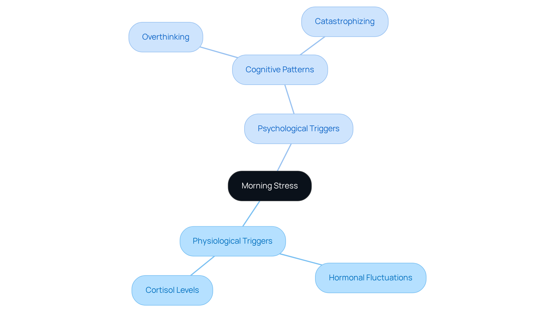 The central node represents morning stress, with branches showing different triggers. Each color-coded branch helps you see how physiological and psychological factors contribute to feelings of anxiety.