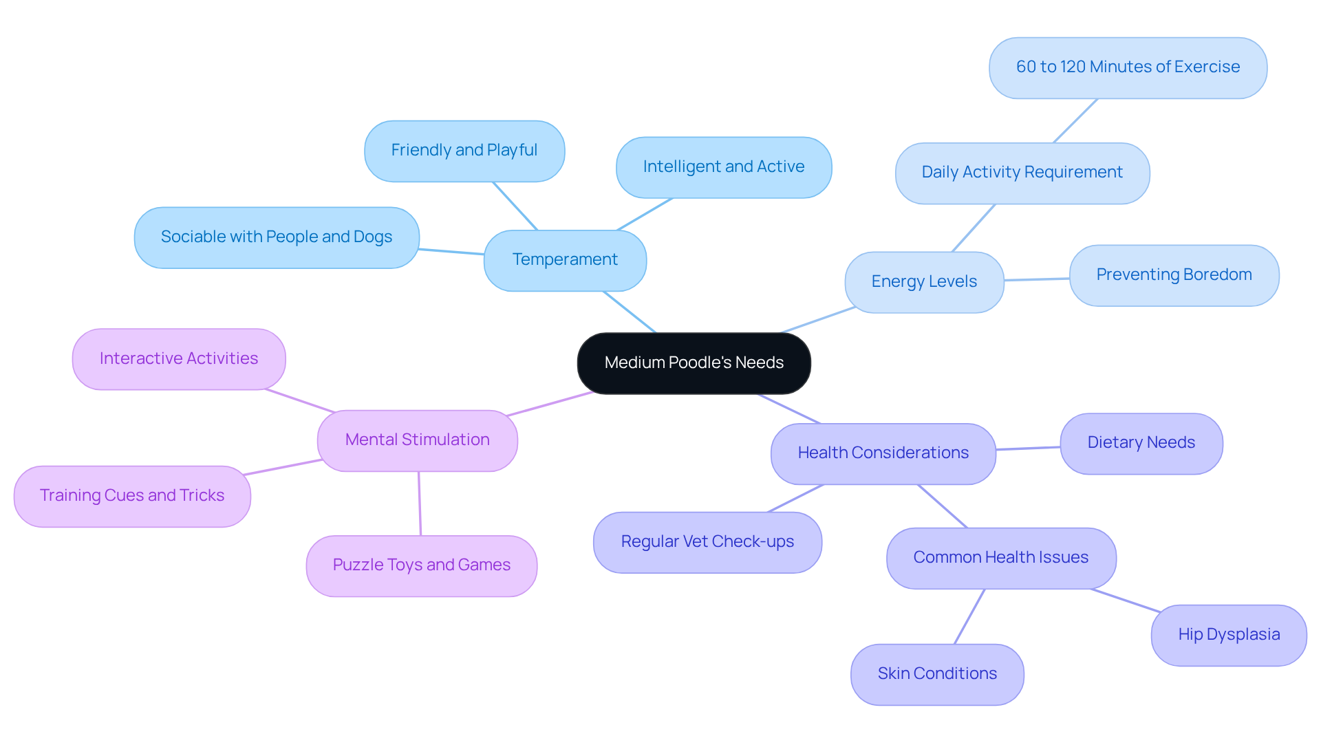 This mindmap outlines the key needs of medium poodles. Start at the center for a broad view, and follow the branches to explore specific areas of care, helping you understand how to keep your poodle happy and healthy.