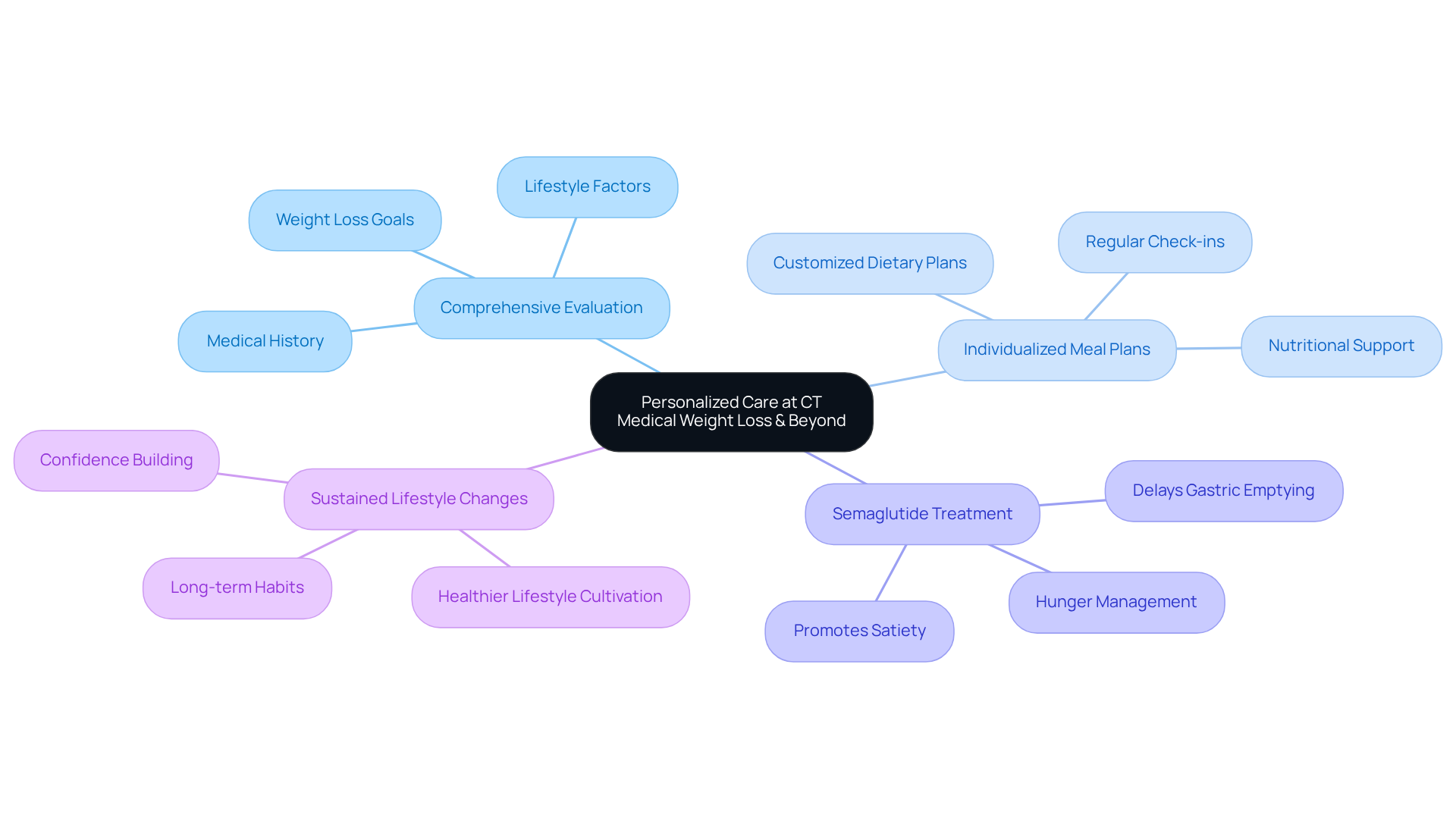 Start at the center with the main concept of personalized care, then follow the branches to explore each aspect of the weight loss journey. Each branch represents a crucial part of the process, showing how they all connect to support your goals.