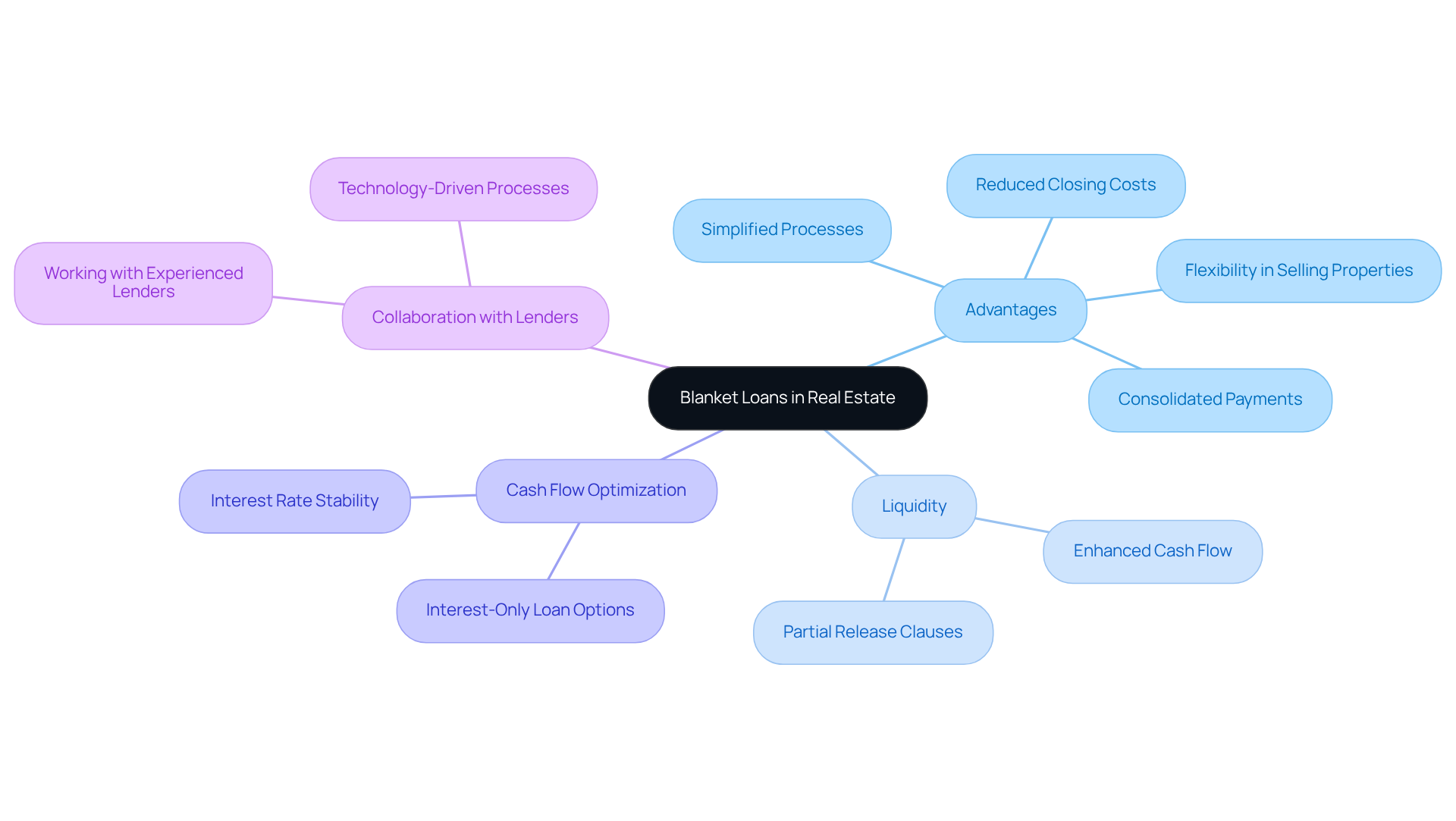 The center represents blanket loans, and the branches show their benefits and strategic uses. Each color-coded branch helps you see how these loans can enhance investment strategies.