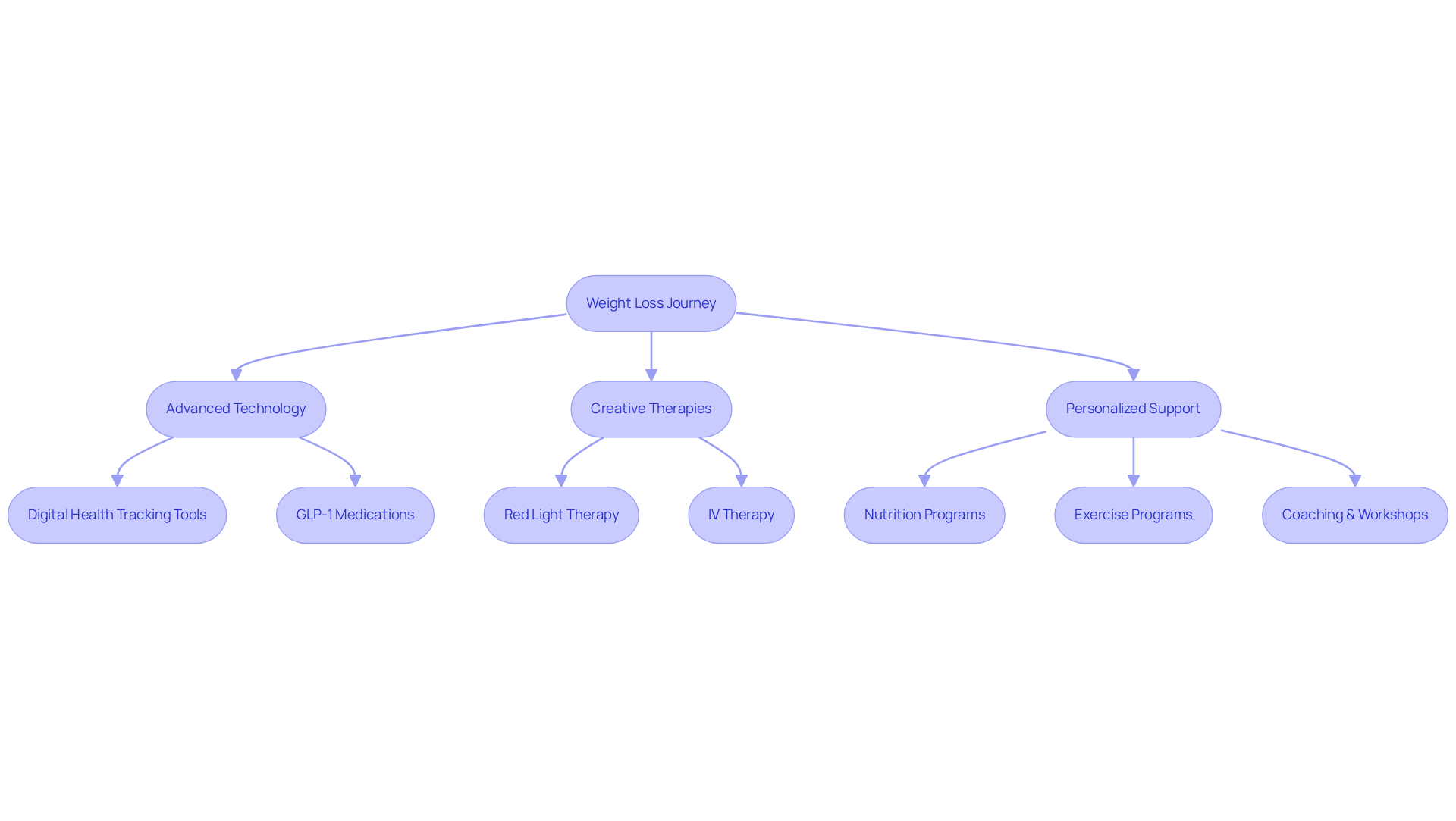 This flowchart illustrates the steps and options available in your weight loss journey. Start at the top with the main goal, then follow the paths to see the advanced technologies, therapies, and personalized support that can help you succeed.