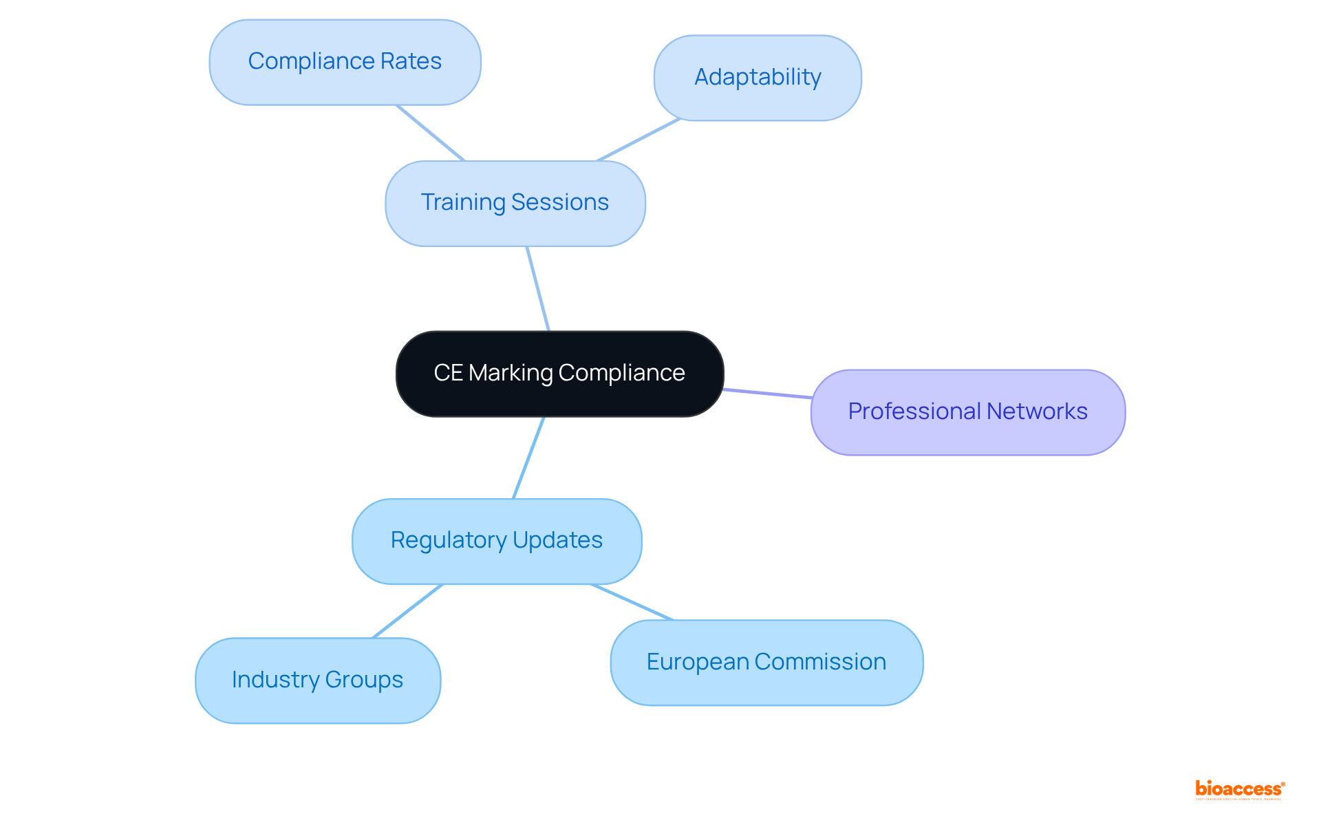 Begin at the center with CE Marking Compliance, then explore the branches to discover how different strategies contribute to staying informed and compliant in the market.