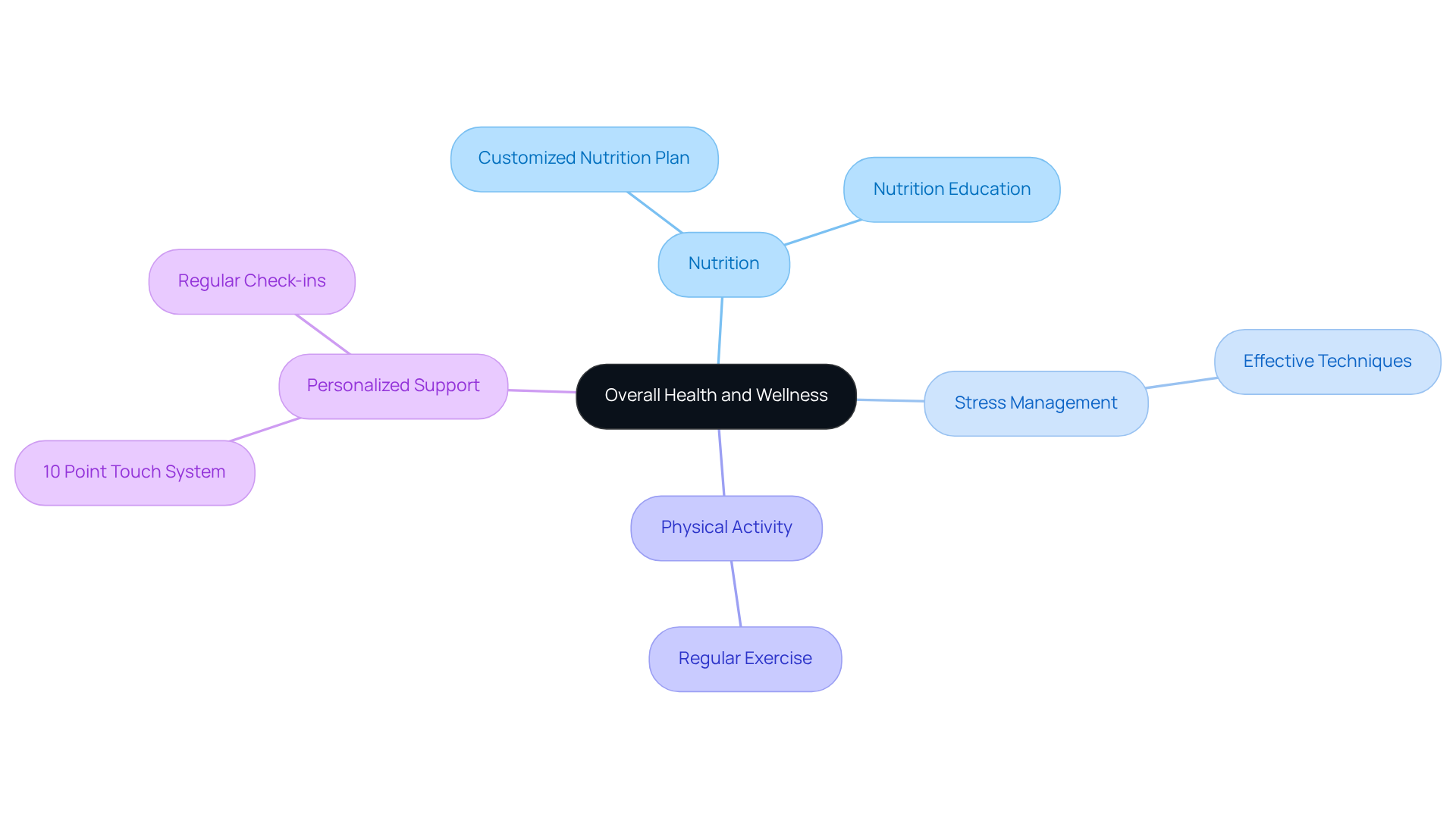 This mindmap starts with the central theme of health and wellness, branching out into key areas that contribute to a holistic approach. Each branch represents a vital component of the program, showing how they work together to support your journey towards better health.