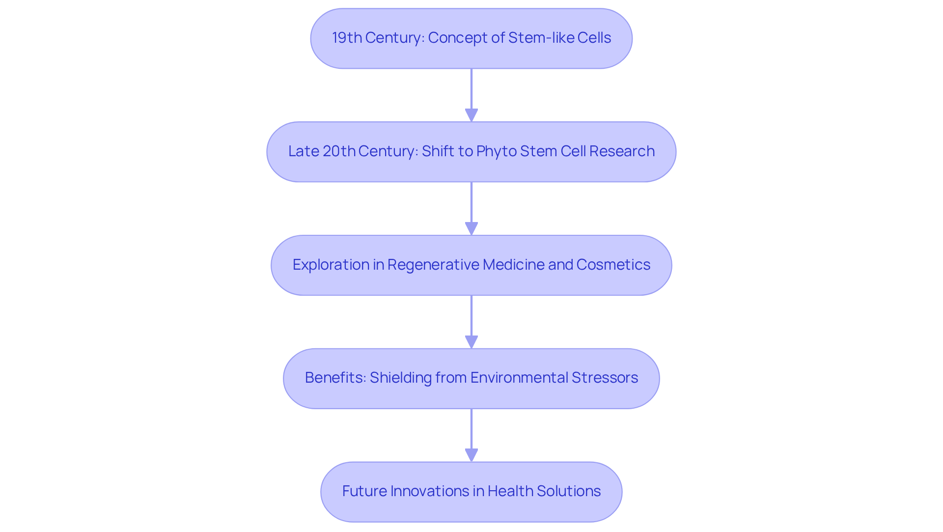 This flowchart shows the journey of phyto stem cells from their early concept to their modern applications. Each box represents a key stage in their evolution, and the arrows indicate how one idea leads to the next, culminating in the exciting future of health solutions derived from nature.