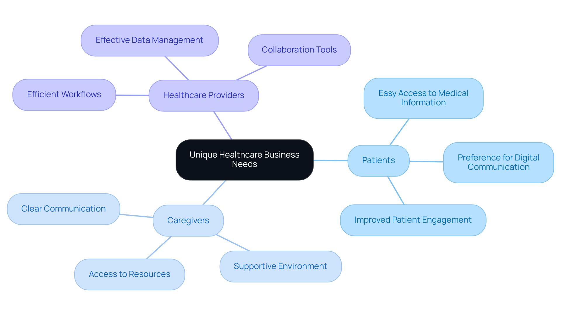 The center represents the overall theme of healthcare business needs. Each branch shows a different group involved in healthcare, and the sub-branches detail their specific requirements. This helps visualize how tailored approaches can enhance the experience for everyone involved. The center represents the overall theme of healthcare business needs. Each branch shows a different group involved in healthcare, and the sub-branches detail their specific requirements. This helps visualize how tailored approaches can enhance the experience for everyone involved.