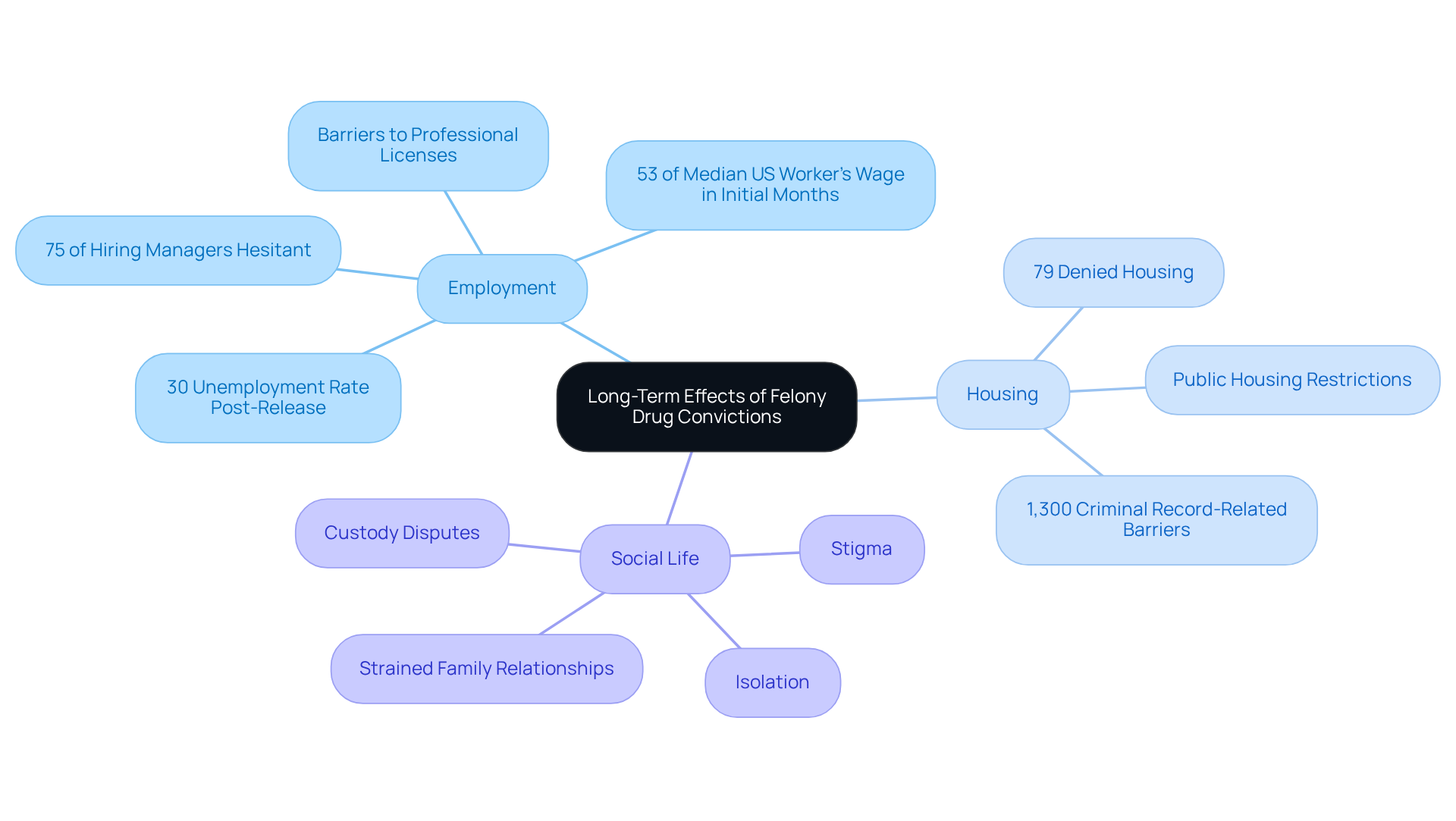 This mindmap shows how a felony drug conviction affects various aspects of life. Start at the center with the main topic, then follow the branches to see how employment, housing, and social relationships are interconnected and impacted by a criminal record.