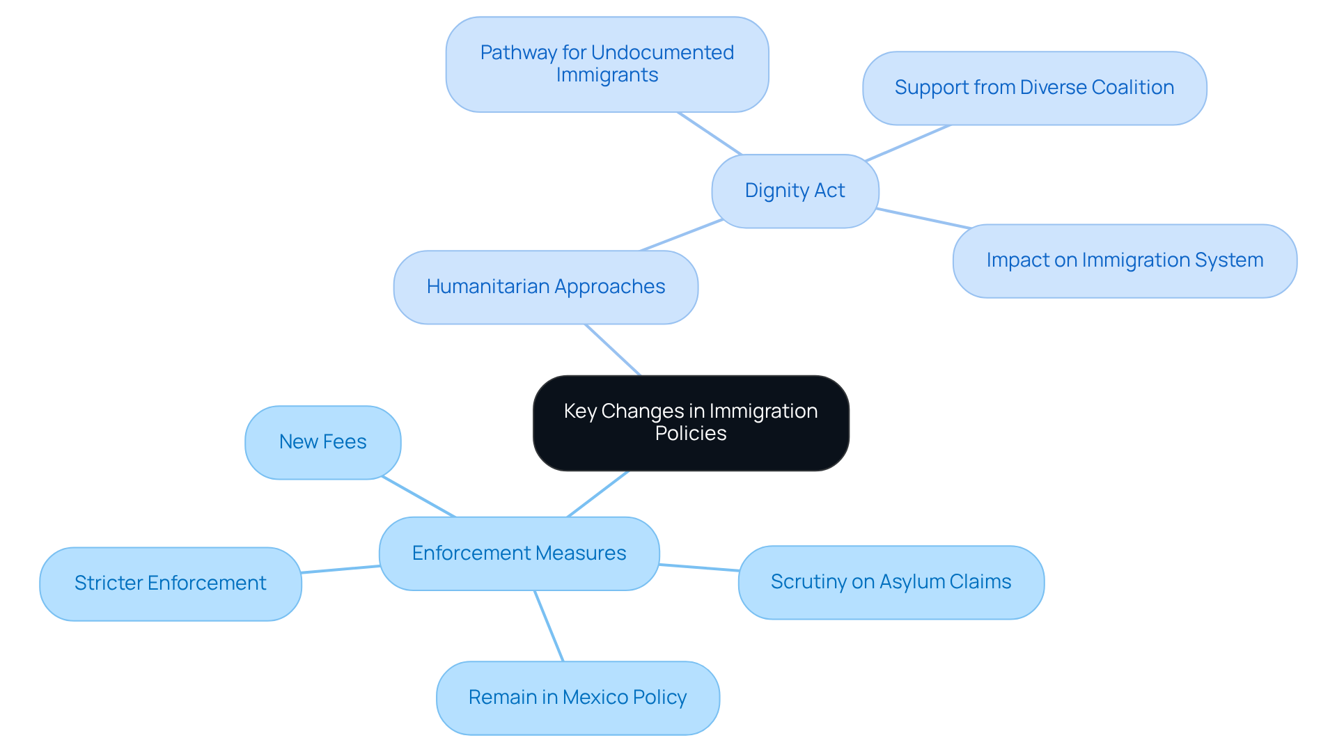 The central node represents the main topic, while the branches show different aspects of immigration policies. Each color-coded branch helps you see whether the focus is on enforcement or humanitarian efforts.
