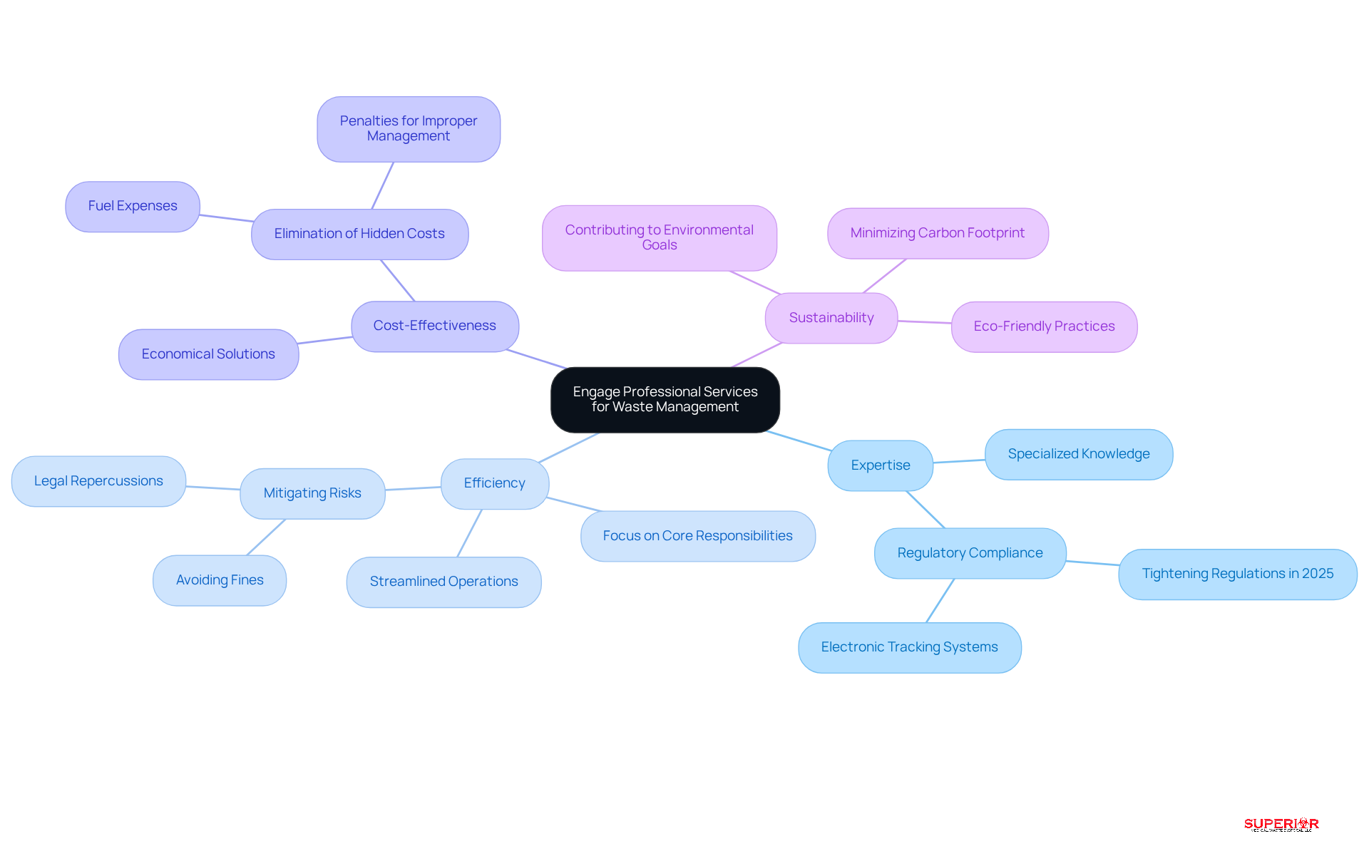 The central node represents the main topic, while the branches show the key benefits of professional services. Each color-coded branch highlights a specific advantage, making it easy to follow and understand how they contribute to better waste management.