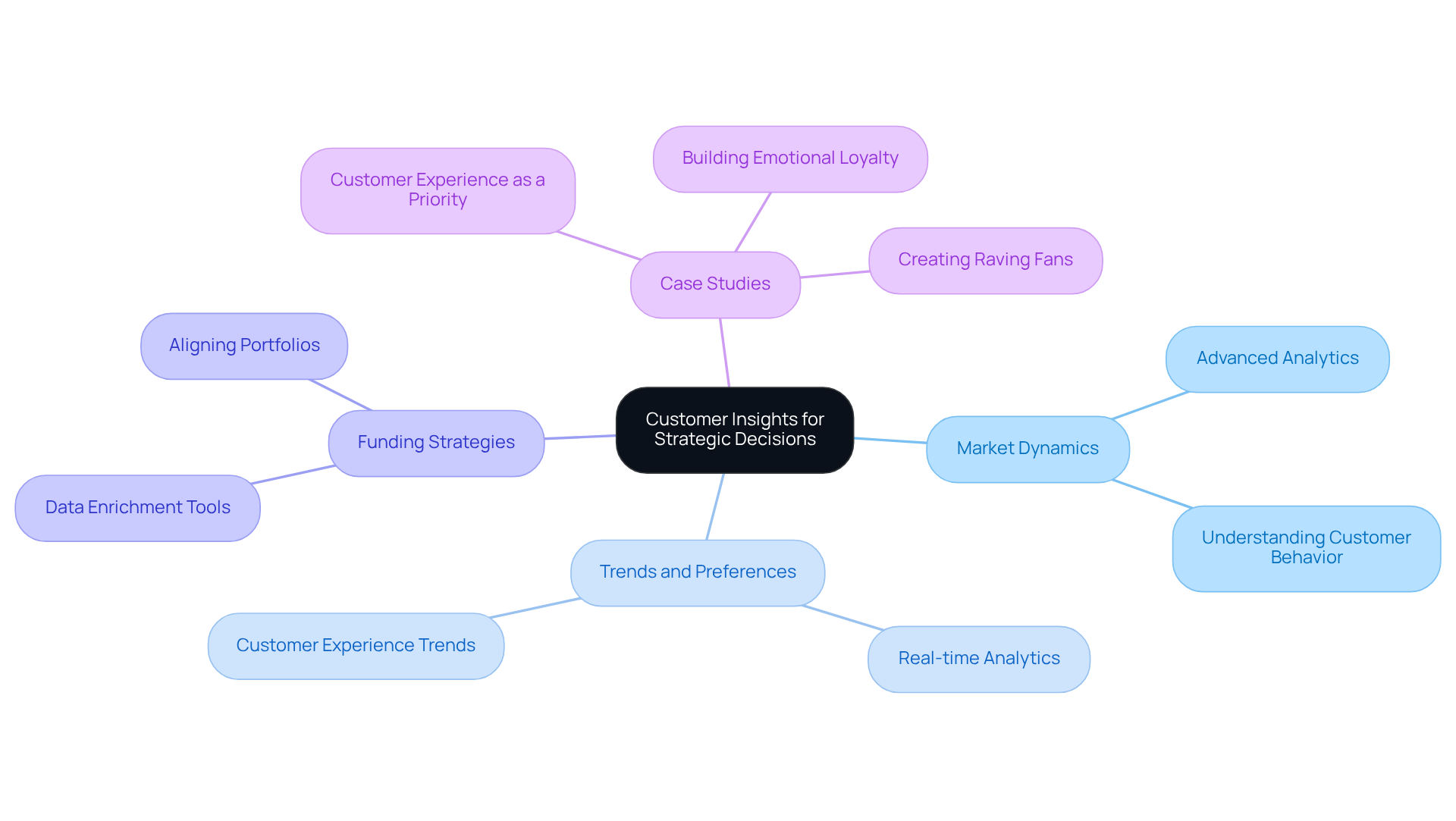 Start at the center with the main idea of customer insights, then follow the branches to explore how these insights influence various strategic decisions and funding strategies.