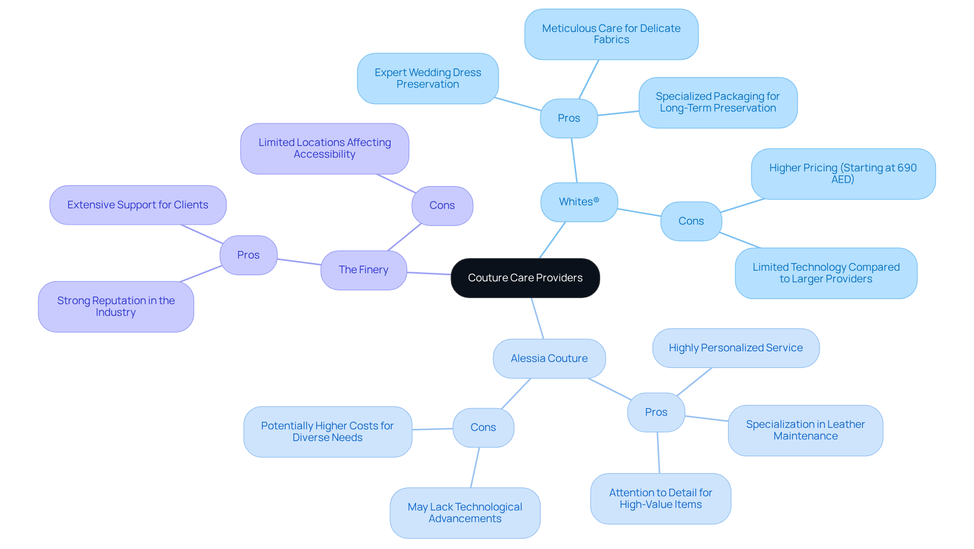 The central node represents the overall topic, while each branch shows a different provider. Pros are listed under each provider's name, highlighting their strengths, and cons outline potential drawbacks. This layout helps you compare options at a glance.