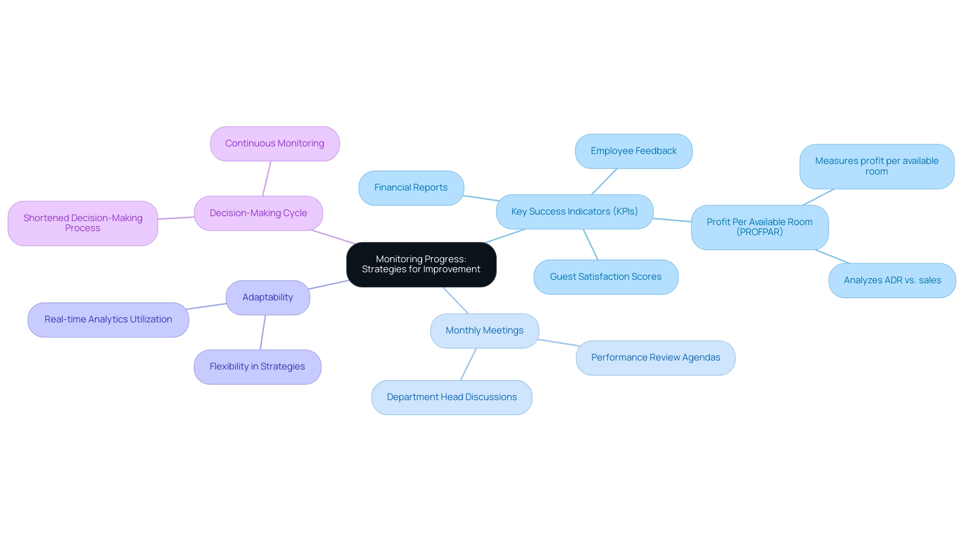 The central node represents the overall theme, branches indicate major strategy areas, and sub-branches provide details on specific metrics, processes, and examples.