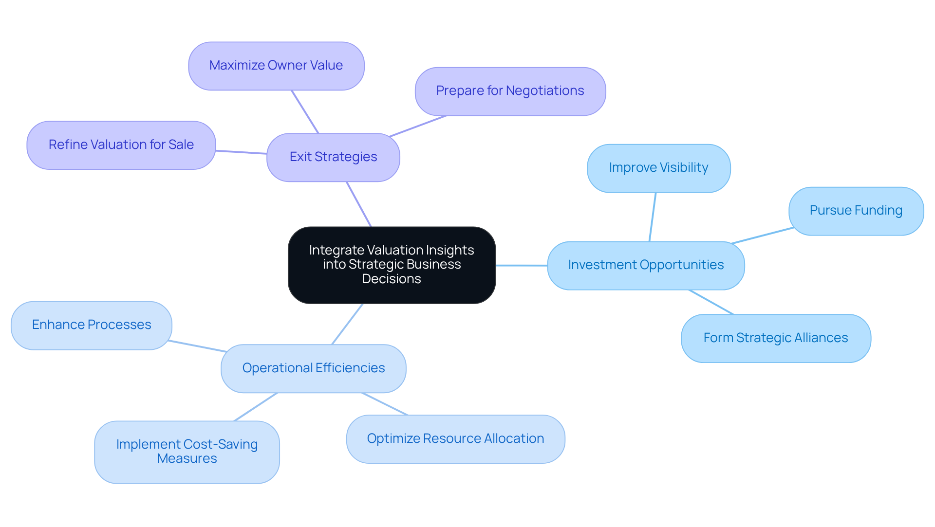 This mindmap starts with the main idea at the center and branches out into key strategic areas. Each branch represents a different focus area that can be influenced by valuation insights, with further details on actions to take. Follow the branches to see how insights can shape your business strategy. This mindmap starts with the main idea at the center and branches out into key strategic areas. Each branch represents a different focus area that can be influenced by valuation insights, with further details on actions to take. Follow the branches to see how insights can shape your business strategy.