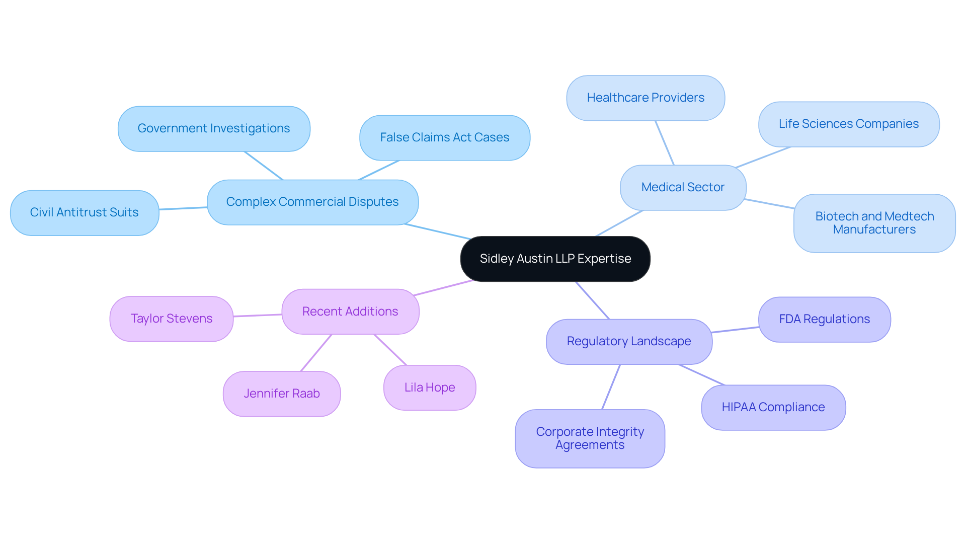 The central node represents Sidley Austin's overall expertise, while the branches show specific areas of focus and achievements. Each branch connects to detailed aspects of their work, helping you understand how they excel in complex commercial disputes.