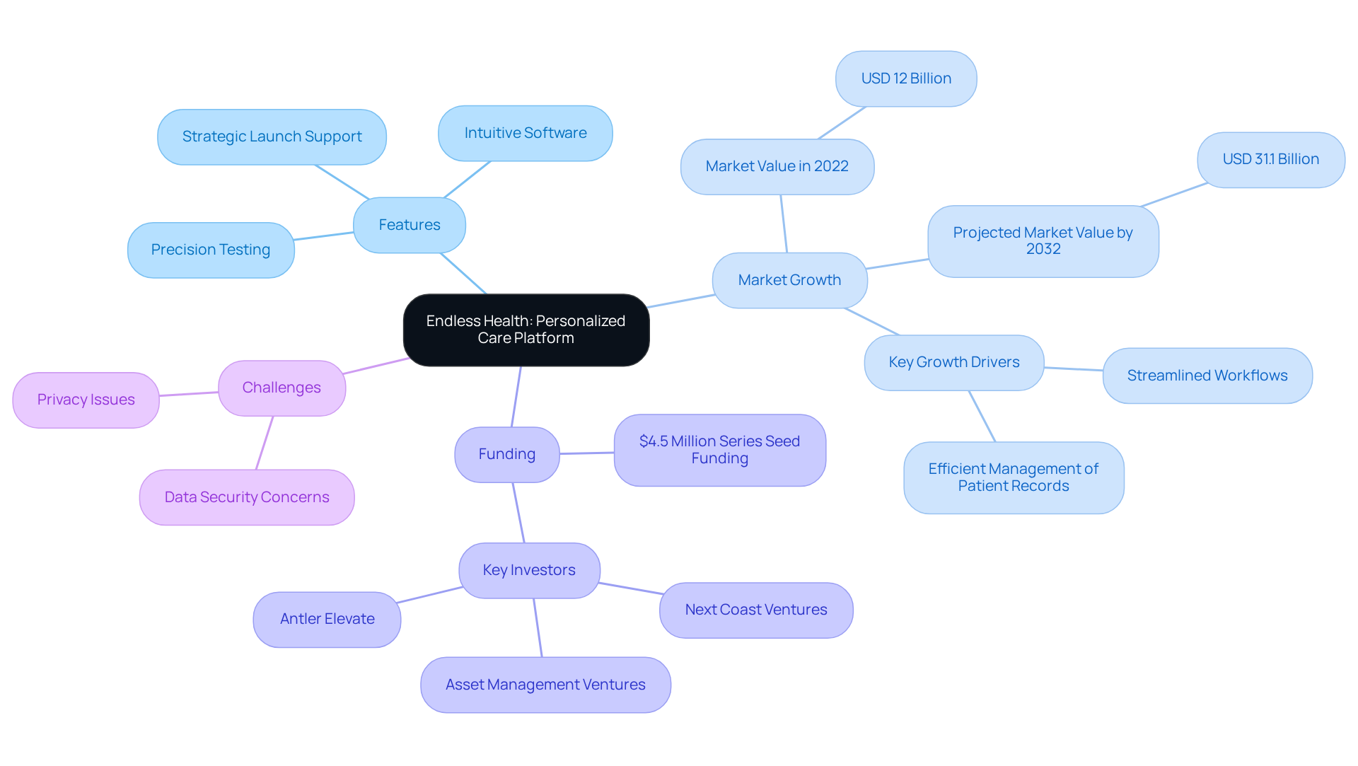 The central node represents Endless Health, with branches showing its features, market growth, funding, and challenges. Each branch provides a deeper look into how these elements connect and contribute to the platform's mission.