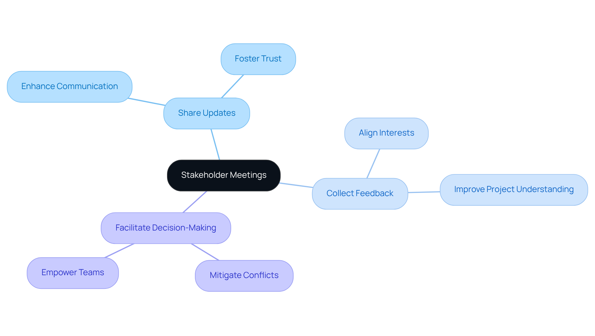 This mindmap starts with the central idea of stakeholder meetings and branches out to show their key functions and the importance they hold for project success. Each branch represents a different aspect, helping you see how they all connect.