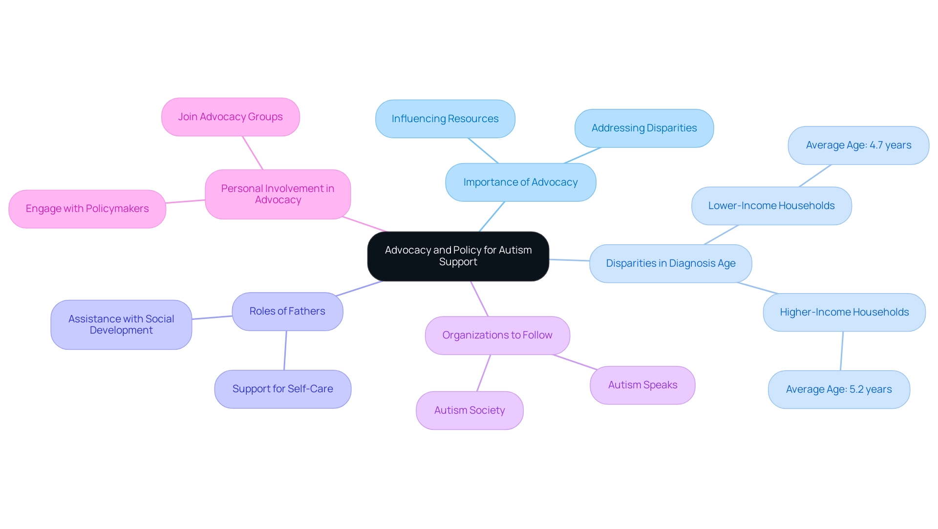 Each branch represents a key theme in advocacy, with color codes differentiating the main topics and their subcategories.