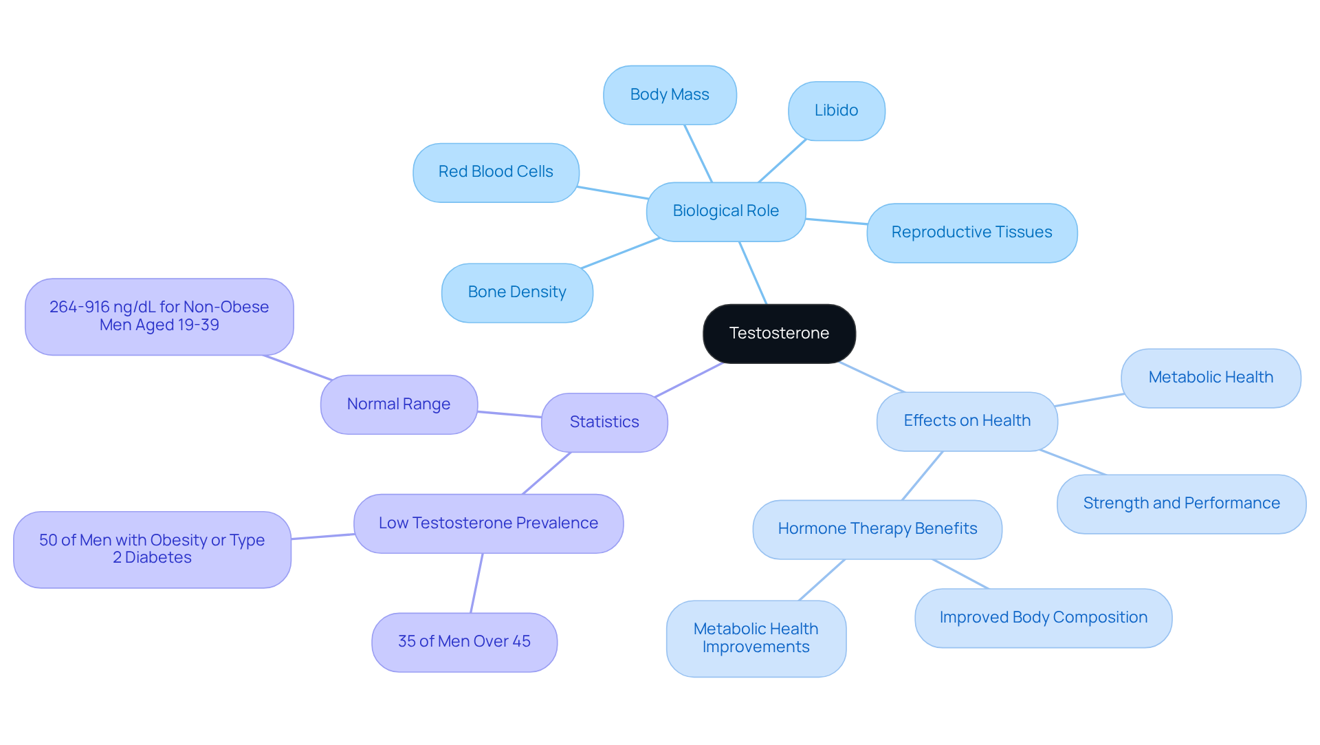 The central node represents testosterone, and the branches show its roles and effects. Each color-coded branch helps you see how testosterone impacts various aspects of health and the importance of maintaining healthy levels.