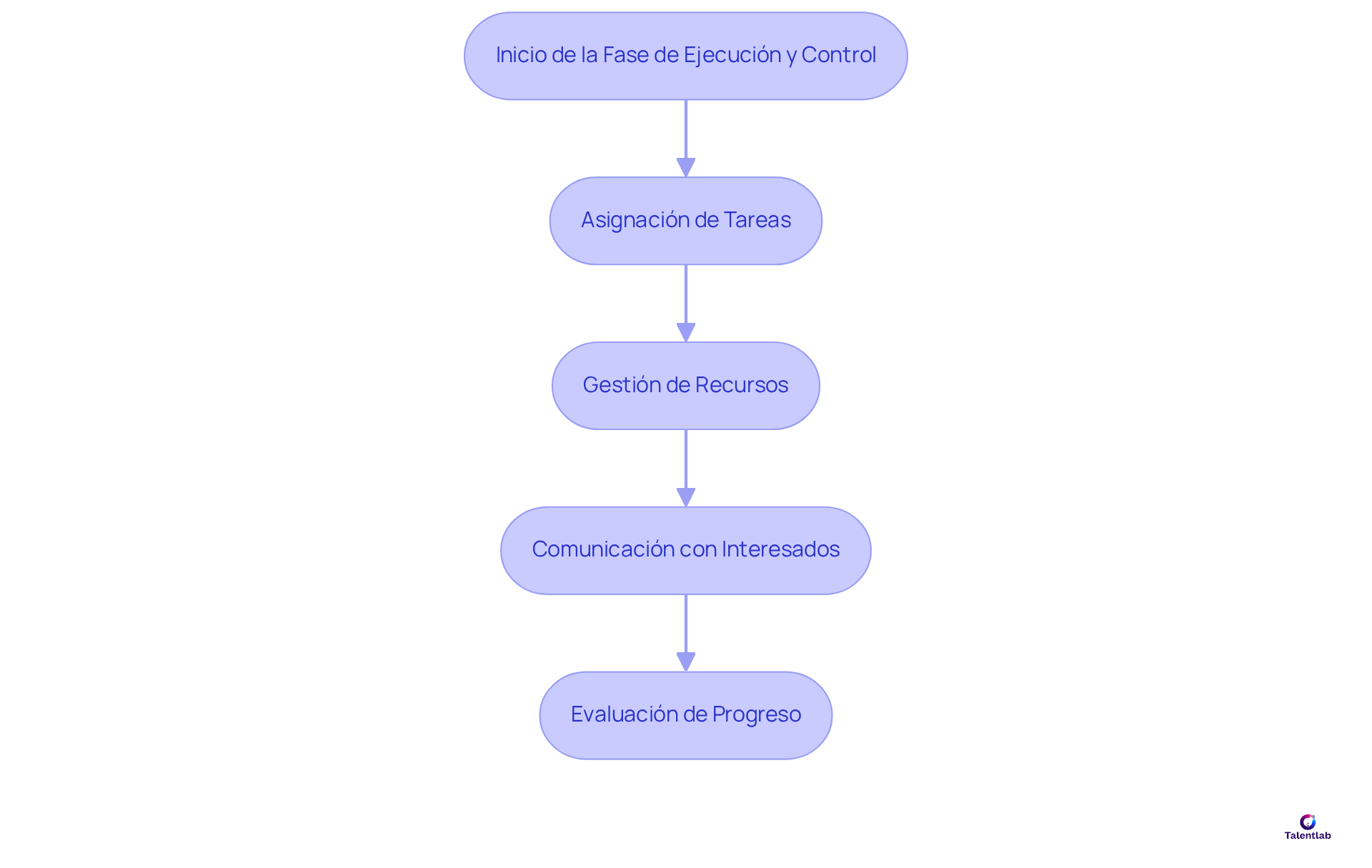 Cada cuadro representa una etapa en la fase de ejecución y control. Sigue las flechas para entender cómo se mueve el proceso de una etapa a otra.