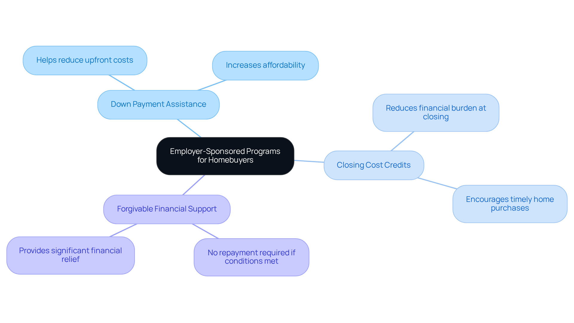 The center represents the main topic of employer-sponsored programs, while the branches show the different types of financial support available to new homebuyers. Each branch highlights how these benefits can assist in the journey to homeownership. The center represents the main topic of employer-sponsored programs, while the branches show the different types of financial support available to new homebuyers. Each branch highlights how these benefits can assist in the journey to homeownership.