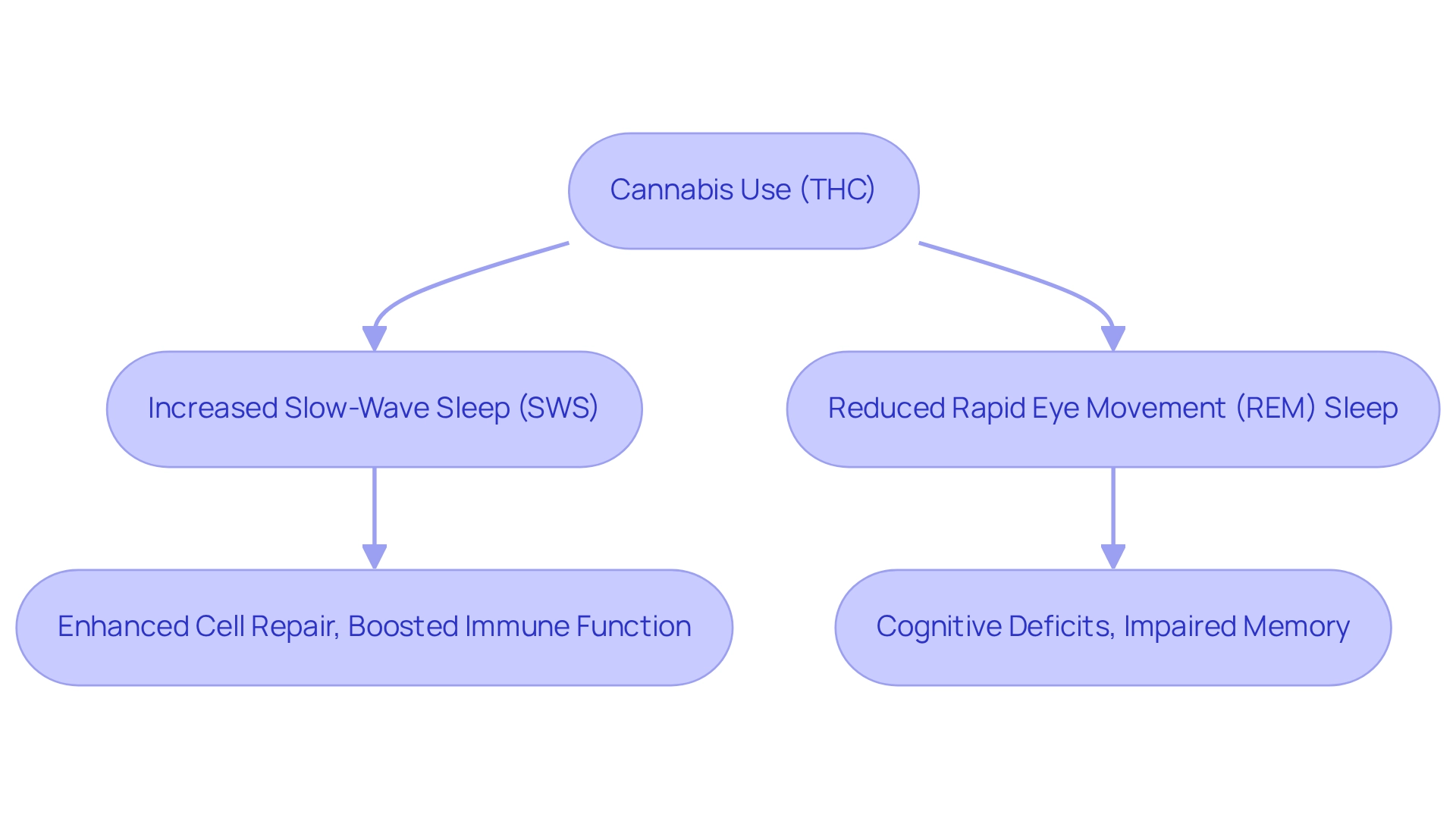 Follow the arrows to see how cannabis affects sleep. The left side shows benefits from increased SWS, while the right side highlights the drawbacks of reduced REM sleep. Understanding these connections can help you make informed choices about cannabis and sleep. Follow the arrows to see how cannabis affects sleep. The left side shows benefits from increased SWS, while the right side highlights the drawbacks of reduced REM sleep. Understanding these connections can help you make informed choices about cannabis and sleep.