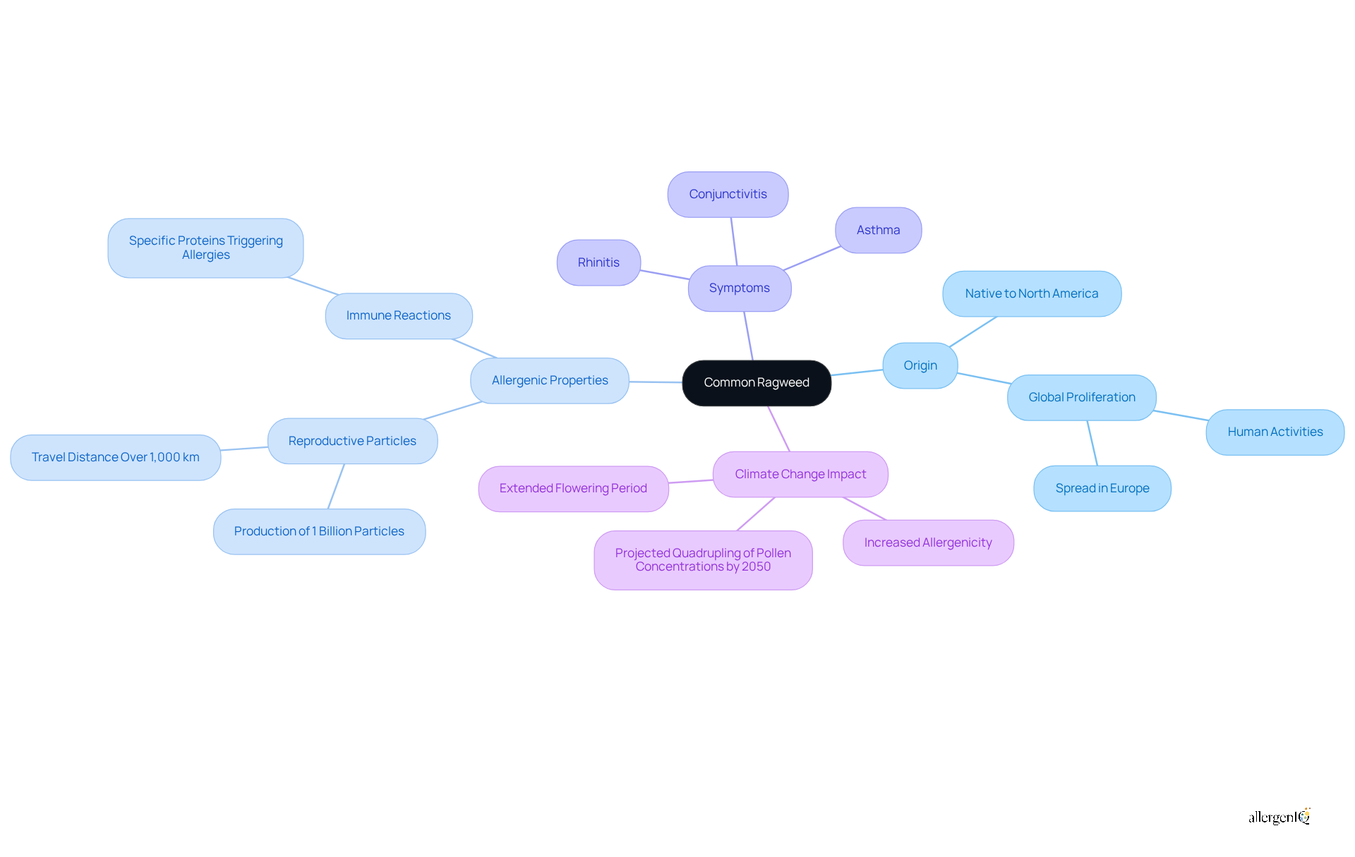 The center represents common ragweed, and the branches show its origin, how it affects health, and the role of climate change. Each symptom is listed under its respective category, making it easy to see how they relate.