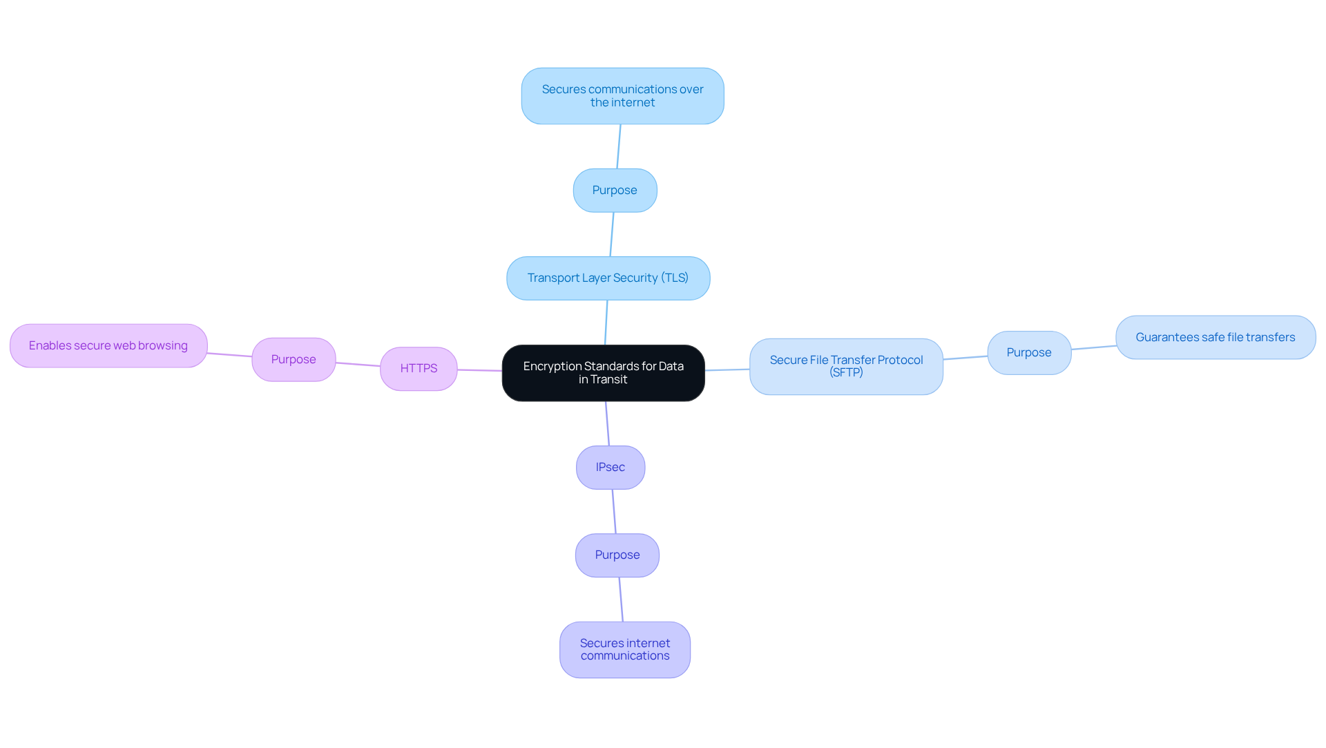 The central node represents the main topic of encryption standards, while each branch shows a specific protocol that helps secure data during transmission. The descriptions provide insight into how each protocol contributes to data security. The central node represents the main topic of encryption standards, while each branch shows a specific protocol that helps secure data during transmission. The descriptions provide insight into how each protocol contributes to data security.