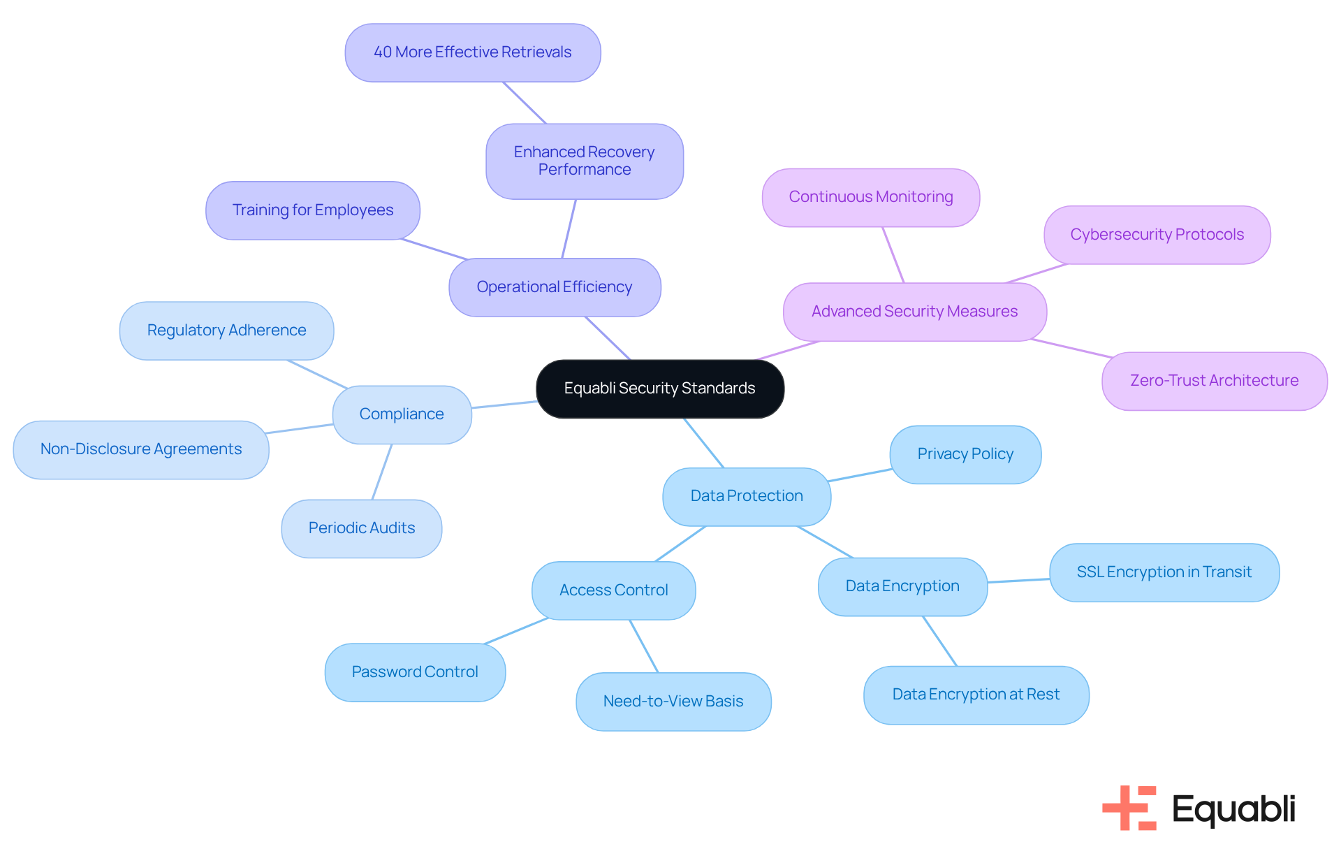 The central node represents Equabli's commitment to data security, with branches illustrating various focus areas and their specific strategies for protecting sensitive information. The central node represents Equabli's commitment to data security, with branches illustrating various focus areas and their specific strategies for protecting sensitive information.